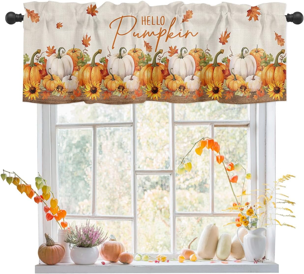 Curtain Valance, Thanksgiving Hello Pumpkin Maple Leaf Sunflower Autumn ...