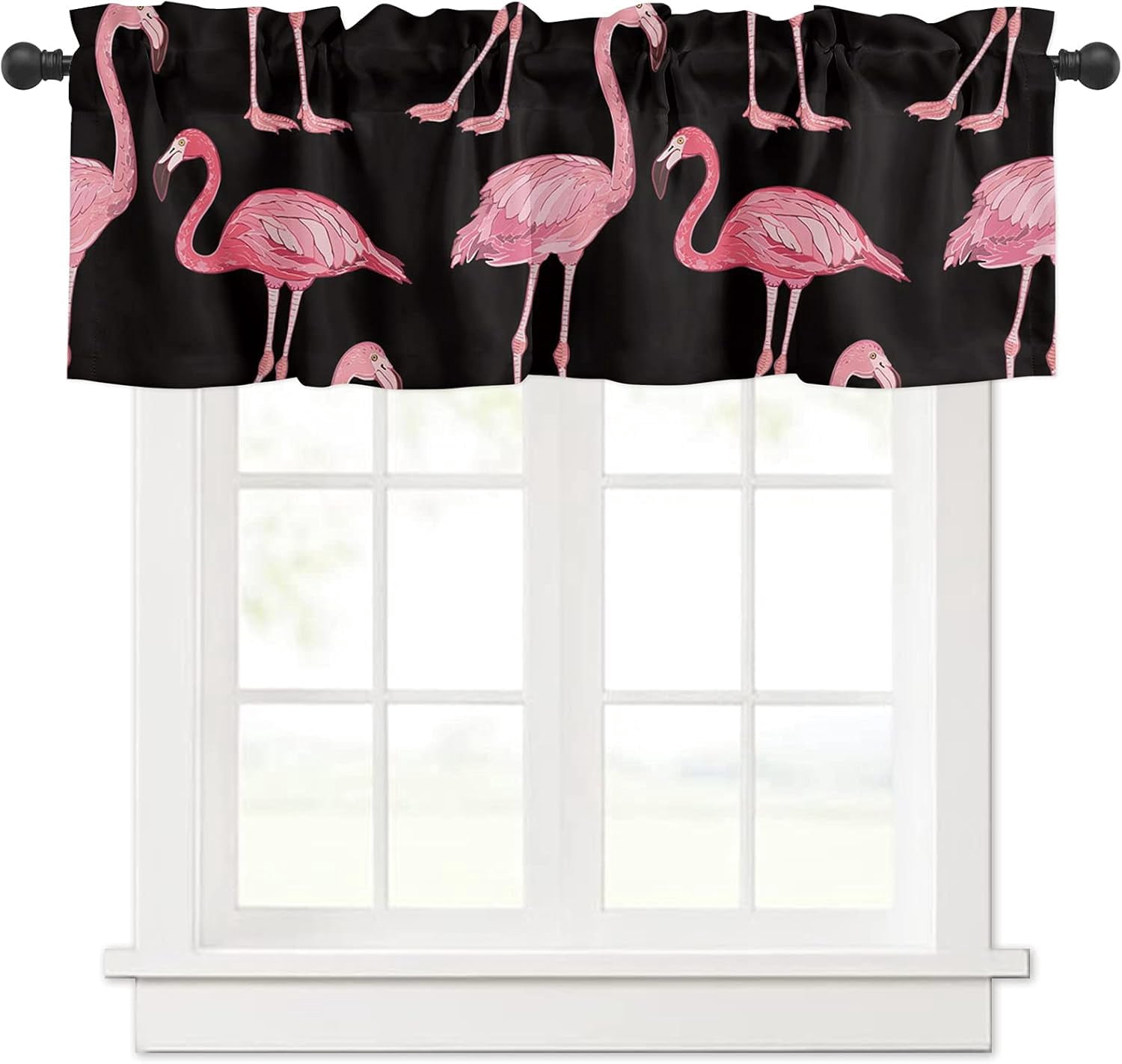 Curtain Valance, Watercolor Pink Flamingo Pattern Black Background ...