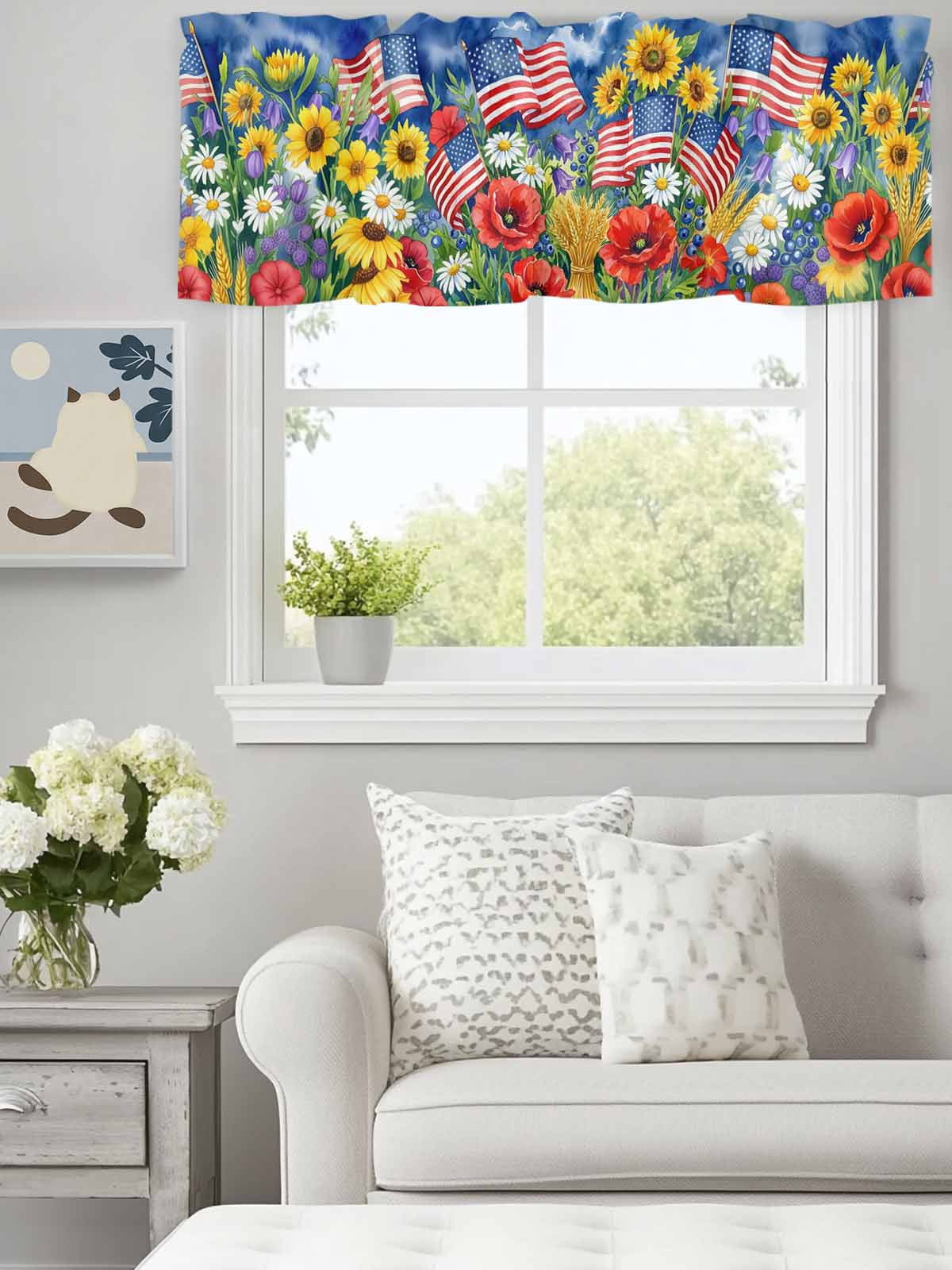 Curtain Valance for Windows, 4th of July Flag Poppy Flower Kitchen ...