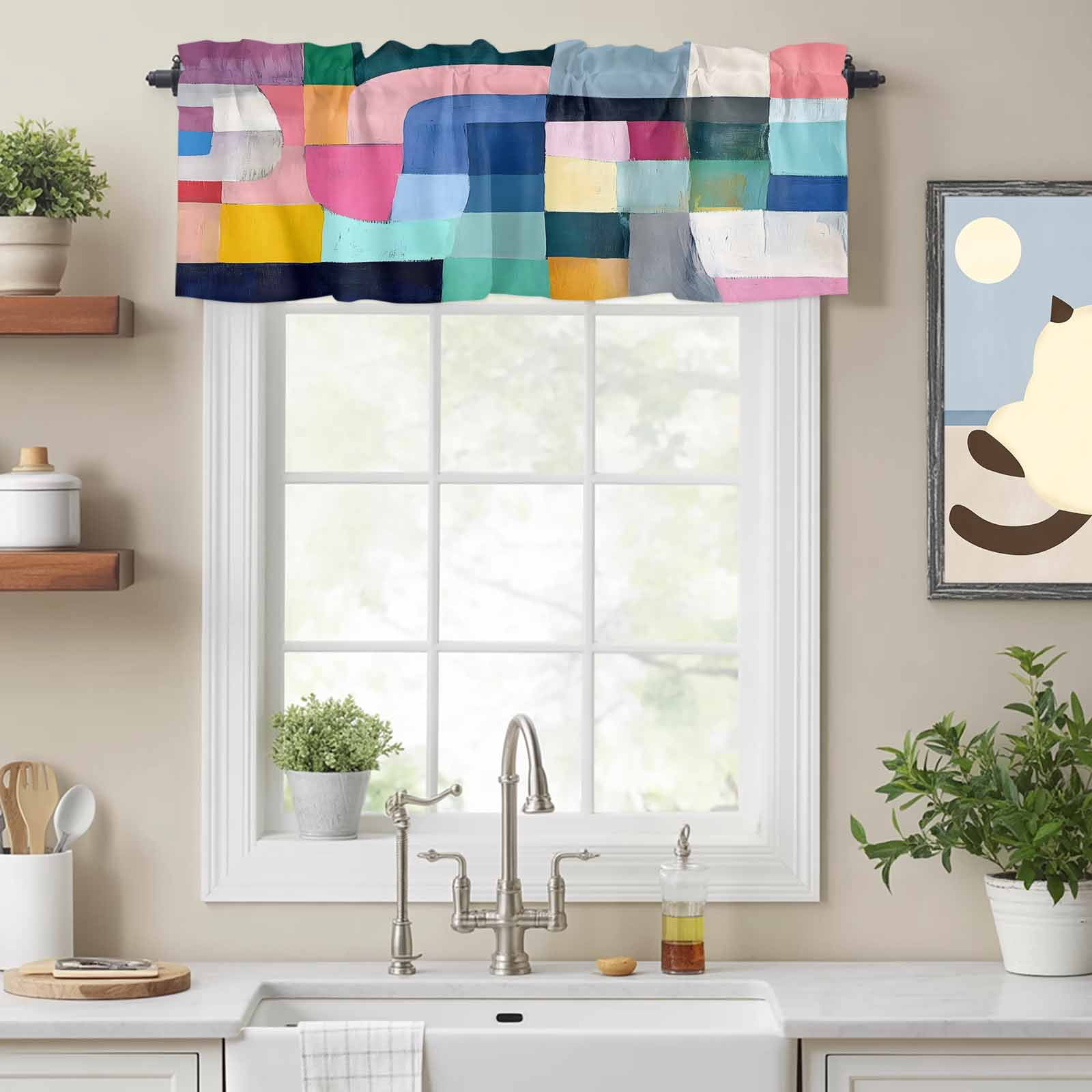 Curtain Valance for Windows, Abstract Art Colorful Splicing Plaid ...