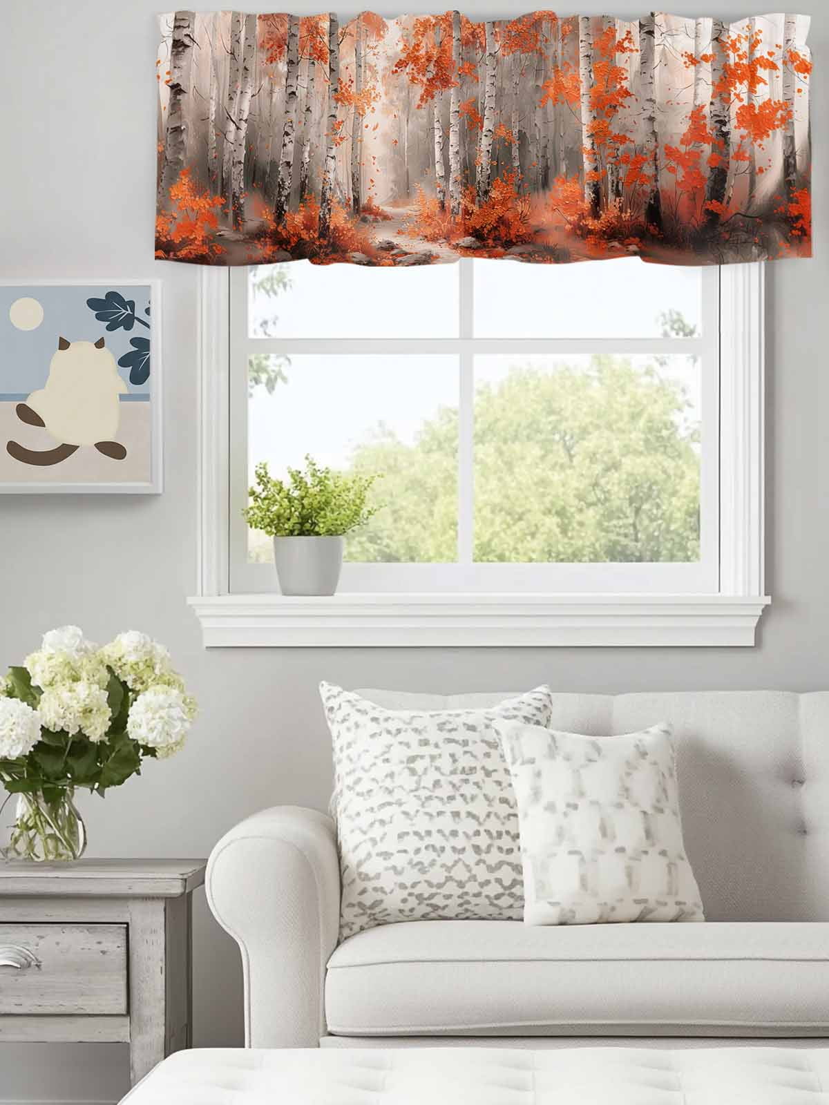 Curtain Valance for Windows, Abstract Autumn Birch Forest Trees Kitchen ...