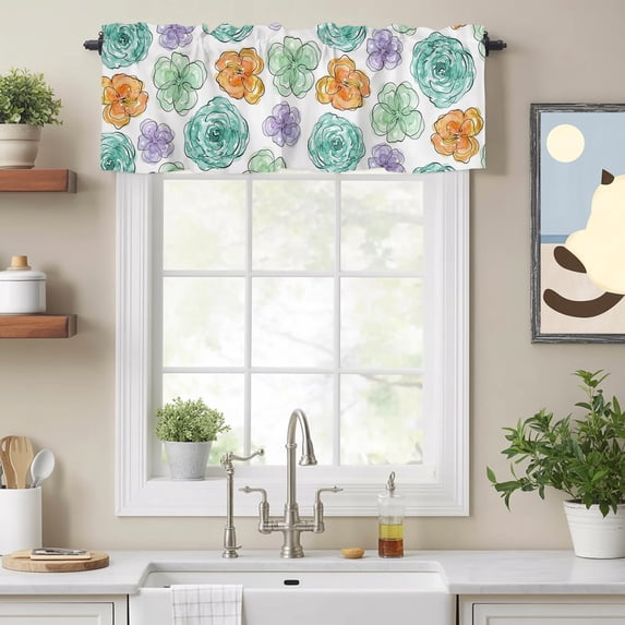 Curtain Valance for Windows, Abstract Green Orange Flowers Kitchen ...