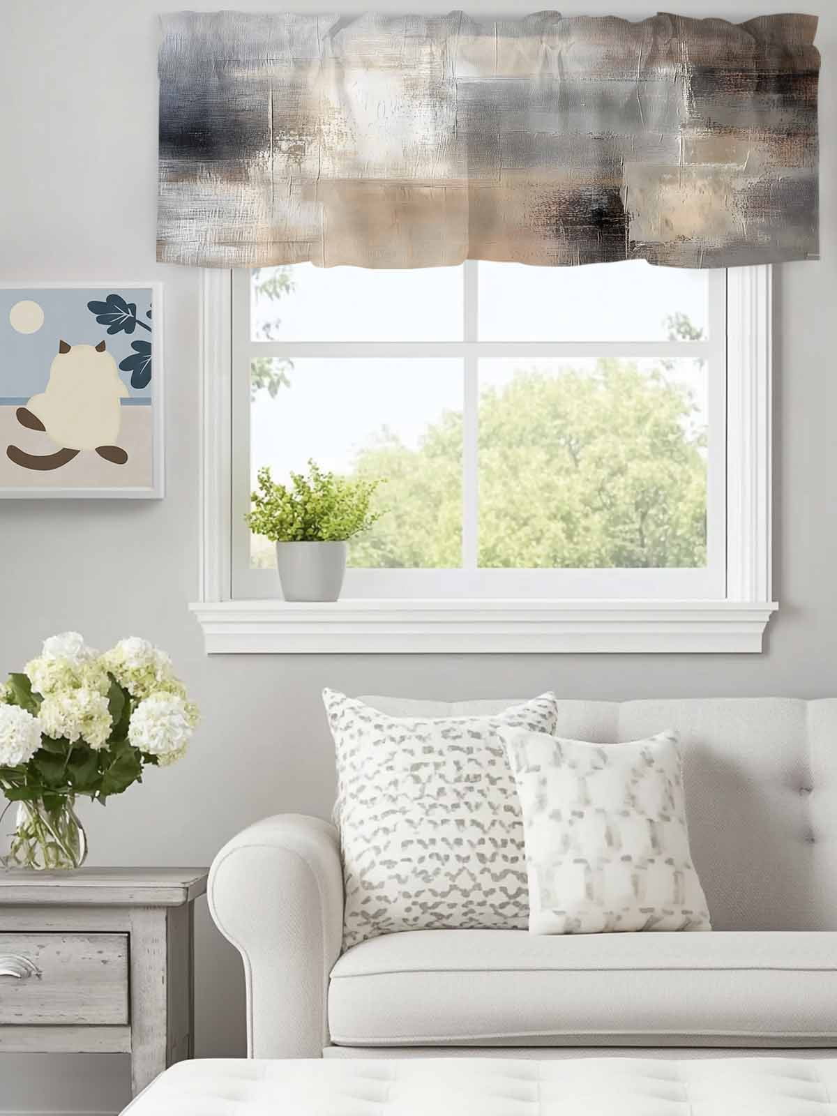 Curtain Valance for Windows,Abstract Grey Brown Oil Painting Kitchen ...