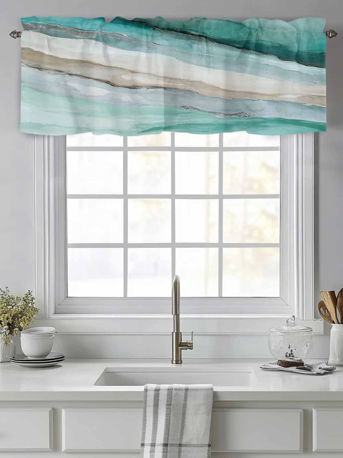 Curtain Valance for Windows,Abstract Marble Cyan Teal Gradient Kitchen ...