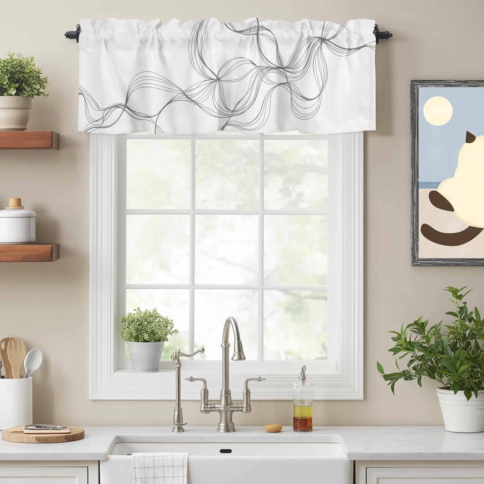 Curtain Valance for Windows, Abstract Minimalist Line on White Kitchen ...