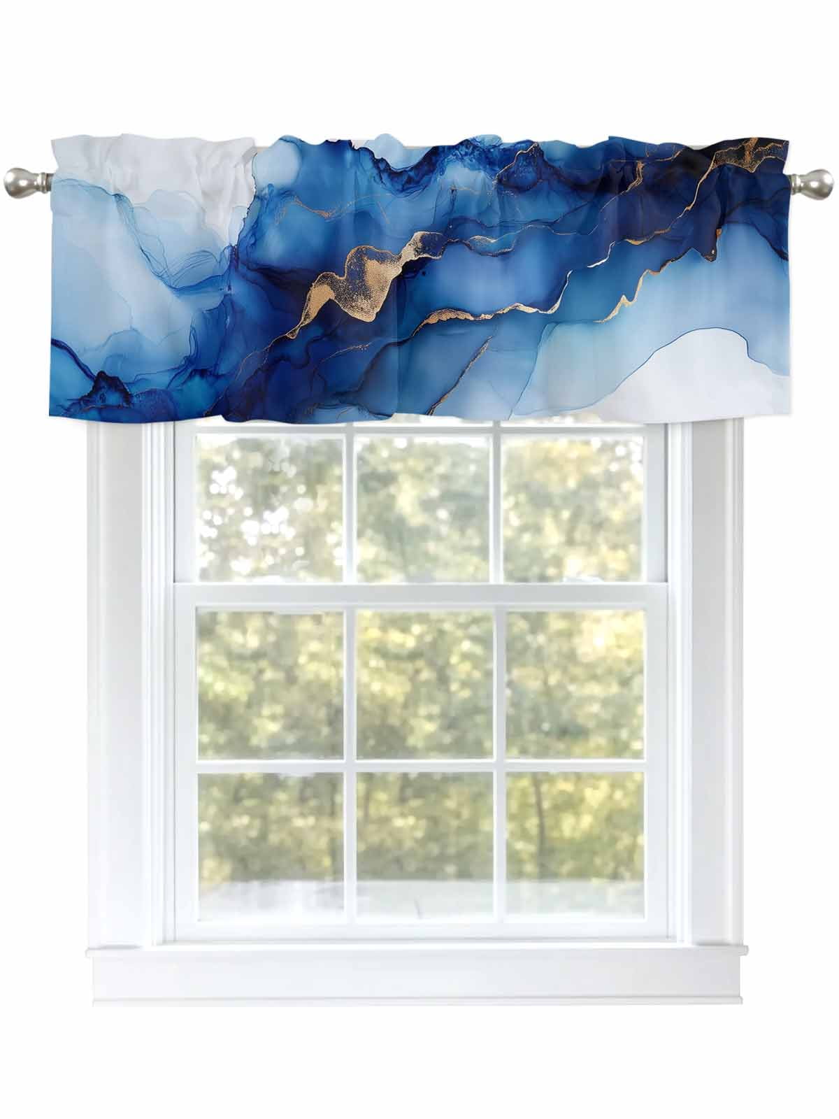 Curtain Valance for Windows Abstract Ombre Blue Marble Kitchen Curtain ...