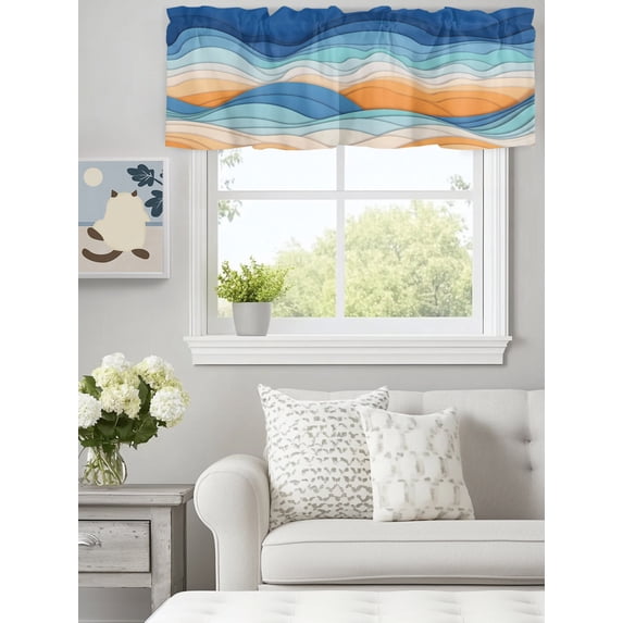 Curtain Valance for Windows, Abstract Orange Blue Ocean Waves Kitchen ...