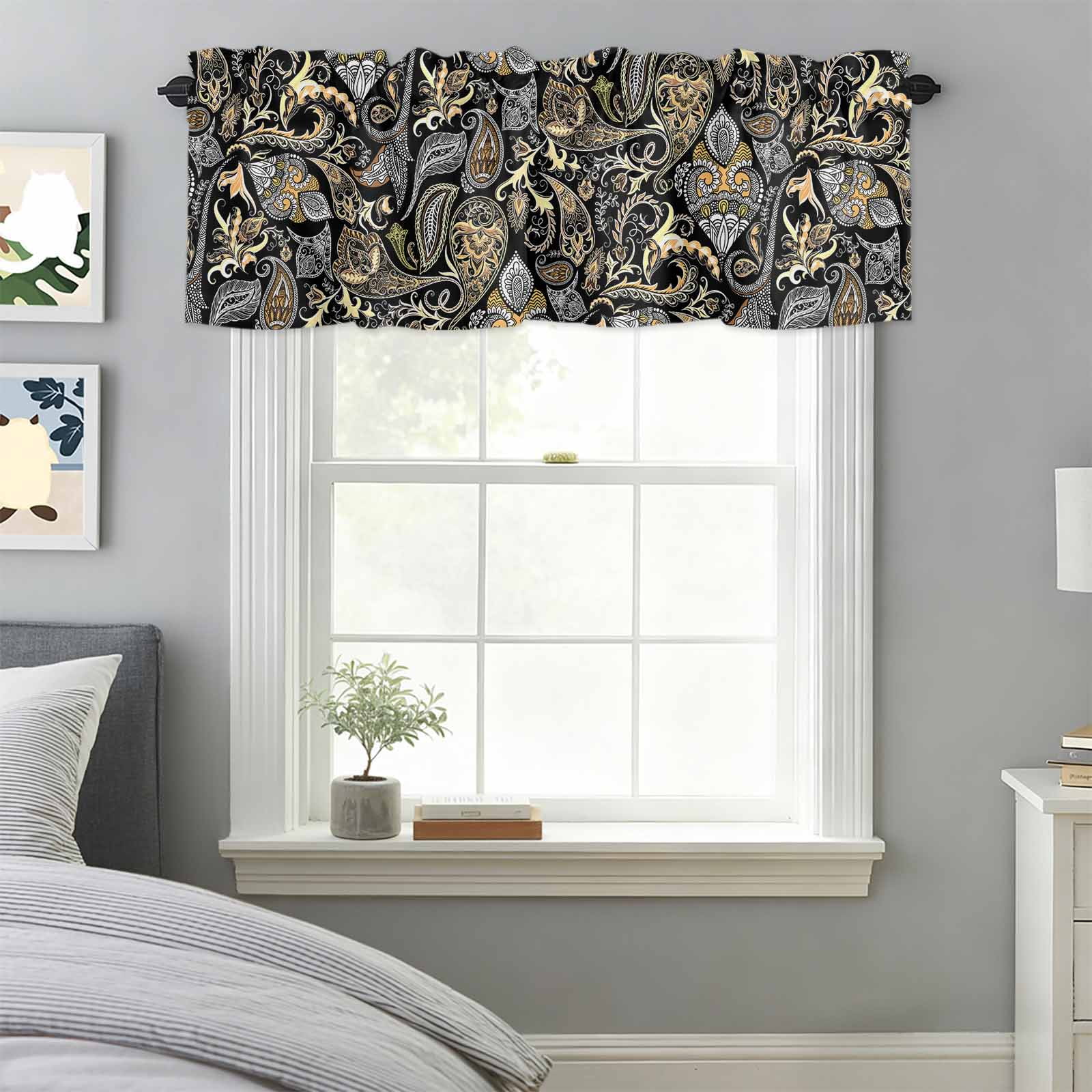 Curtain Valance for Windows, Abstract Paisley Texture on Black Kitchen ...