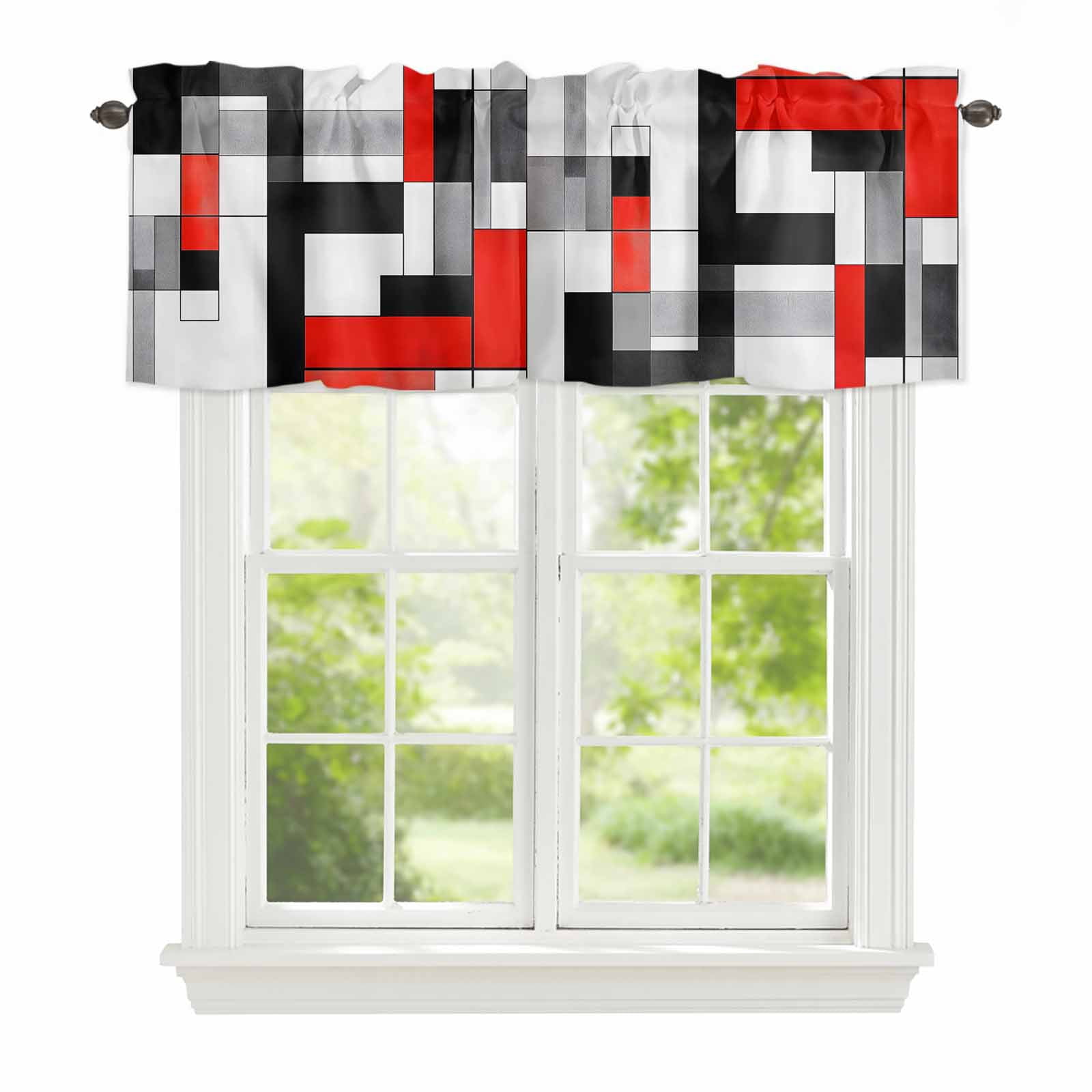 Curtain Valance for Windows, Abstract Patchwork Square Kitchen Valances ...