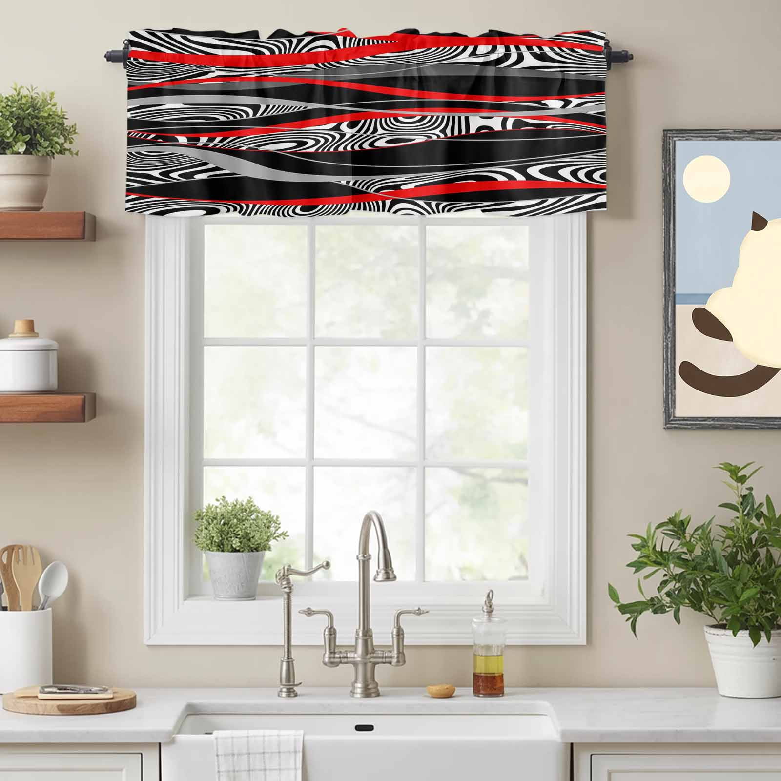 Curtain Valance for Windows, Abstract Red Black Stripe Kitchen Valances ...