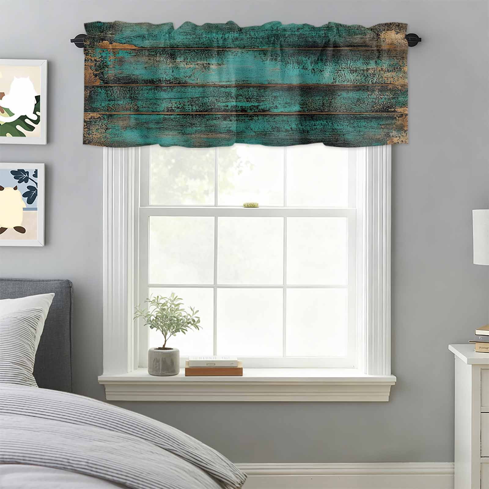 Curtain Valance for Windows, Abstract Turquoise Wood Grain Kitchen ...