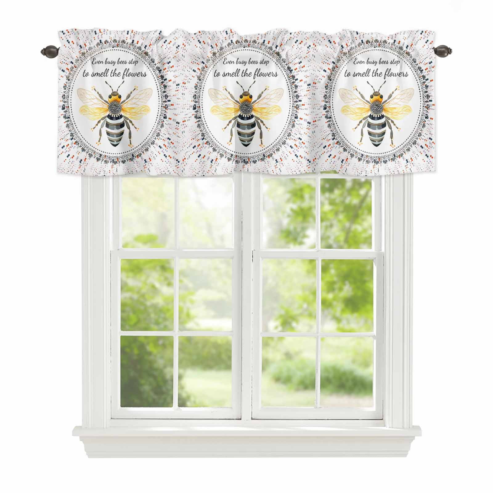 Curtain Valance for Windows, Abstract Wave Point Bee Texts Kitchen ...