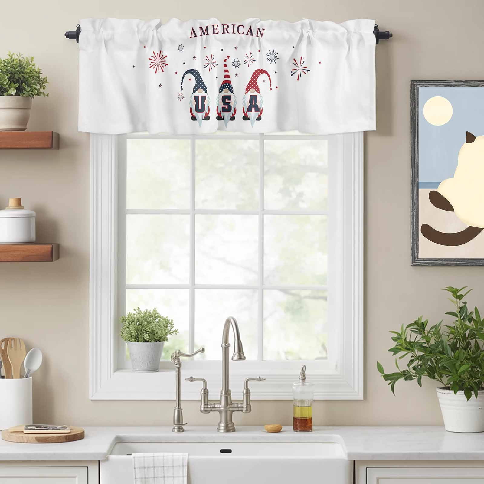 Curtain Valance for Windows, American Flag Funny Gnomes Kitchen ...