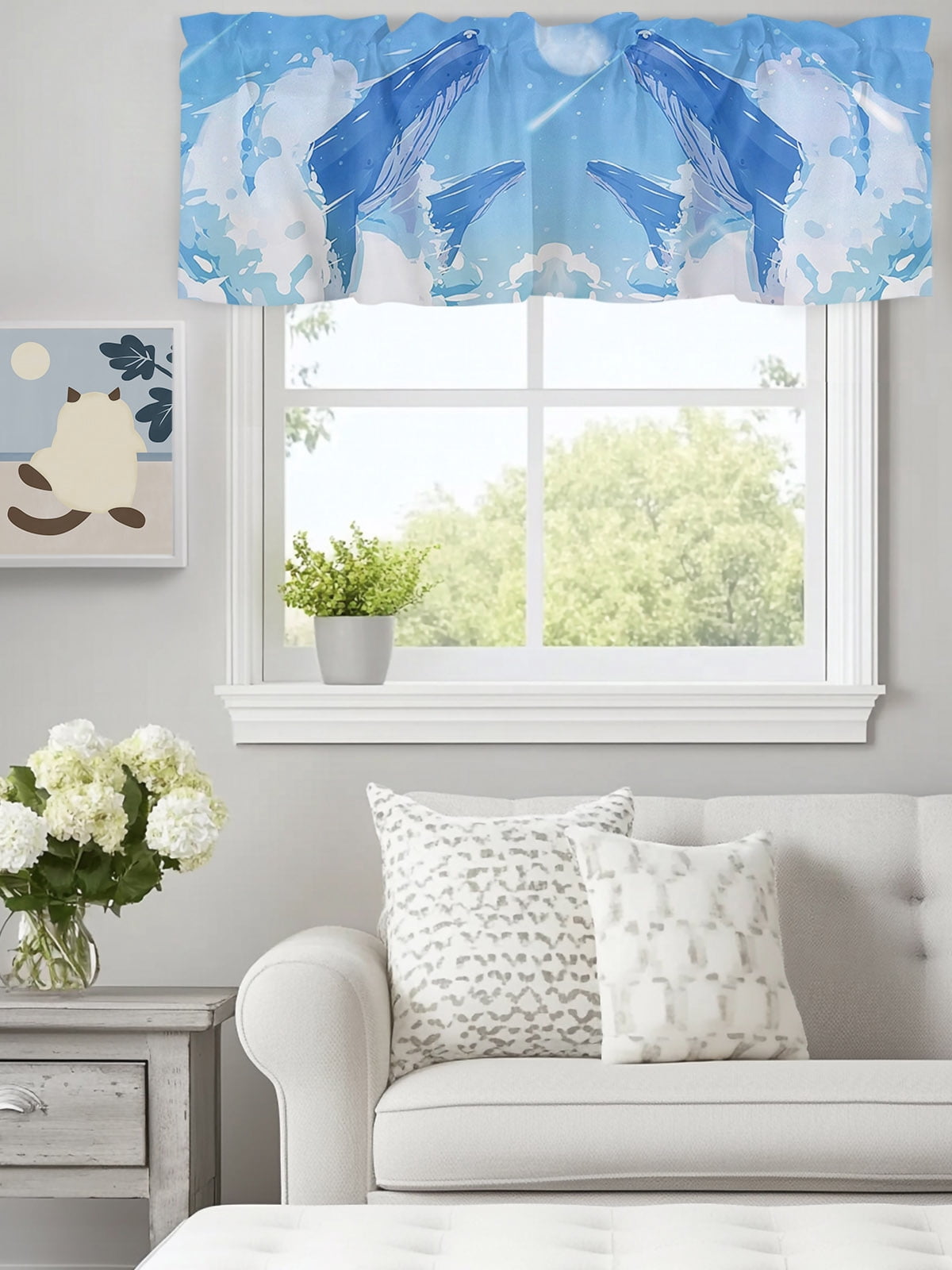 Curtain Valance for Windows, Artistic Whale with Clouds on Blue Sky ...