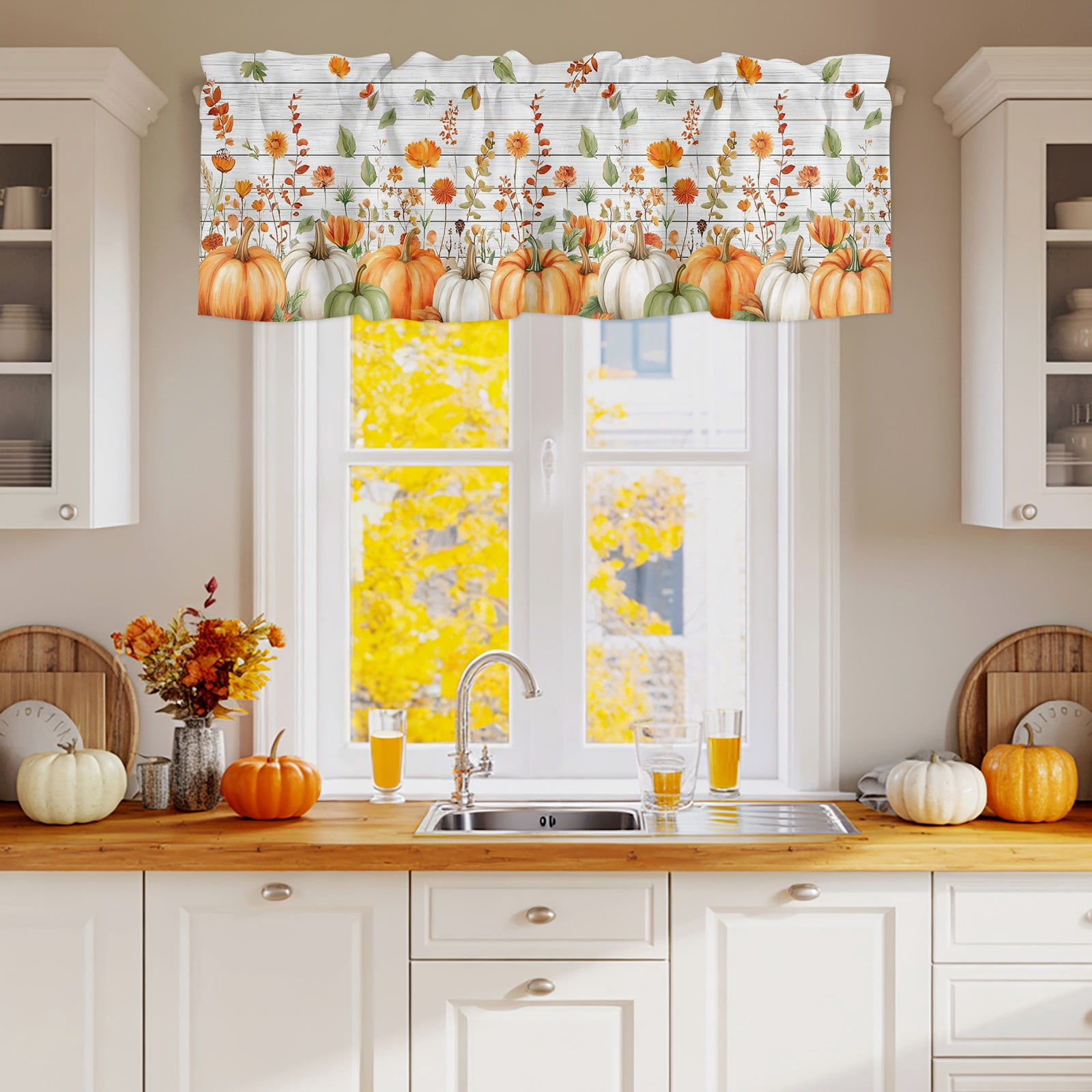 Curtain Valance for Windows, Autumn Fall Pumpkin Floral Kitchen ...