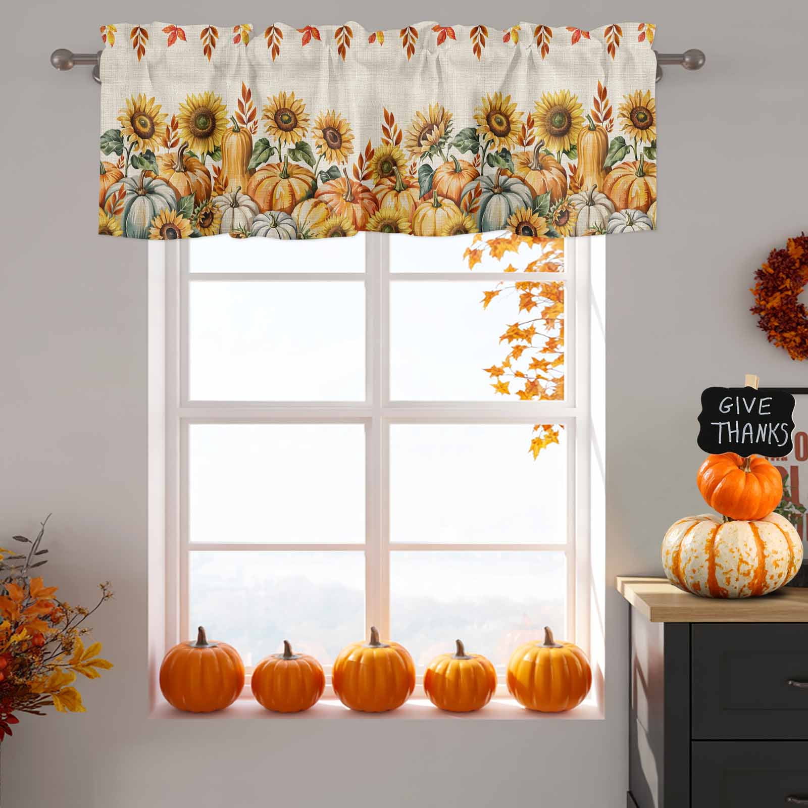Curtain Valance for Windows, Autumn Farm Plants on Linen Kitchen ...