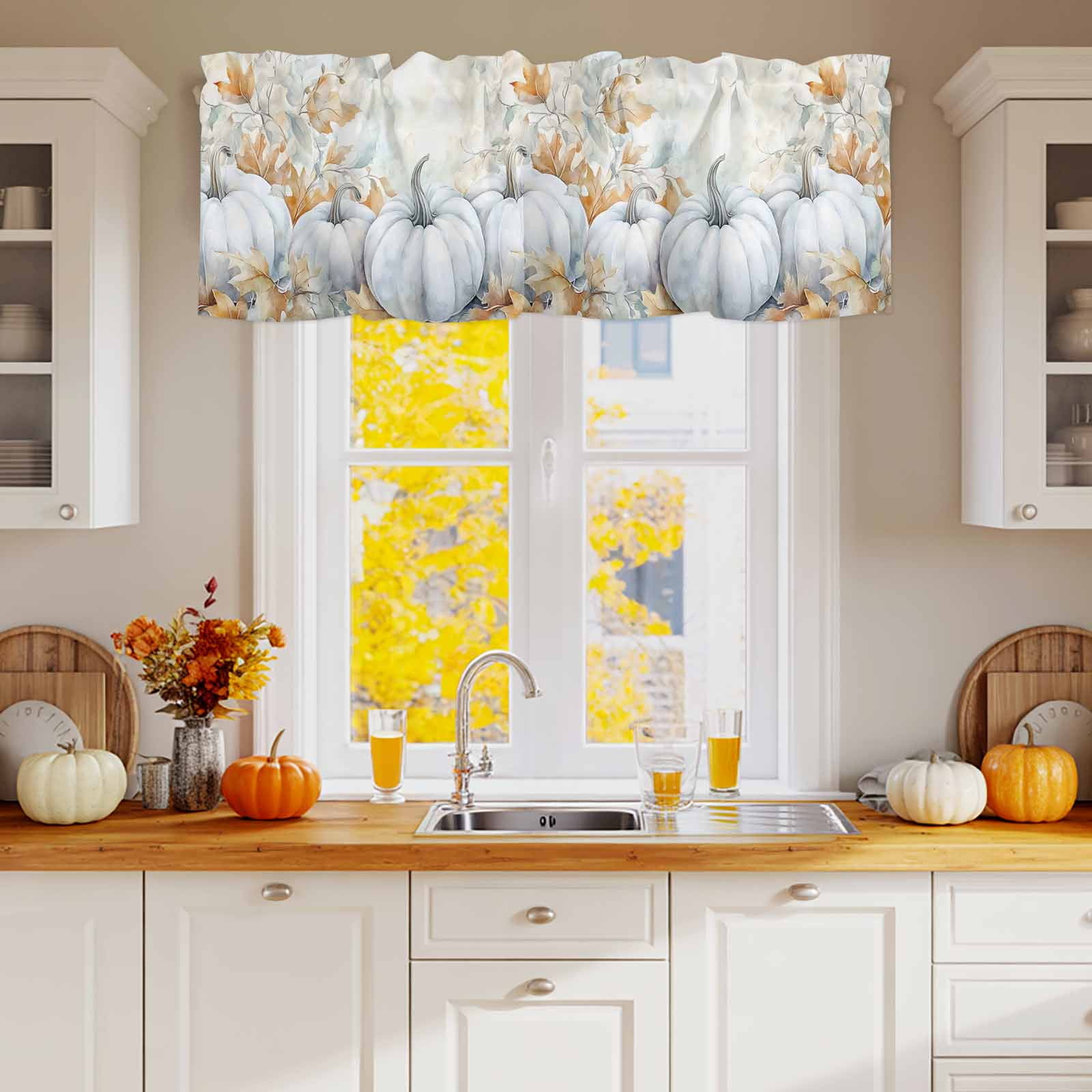 Curtain Valance for Windows,Autumn Pumpkin Maple Leaves Kitchen ...