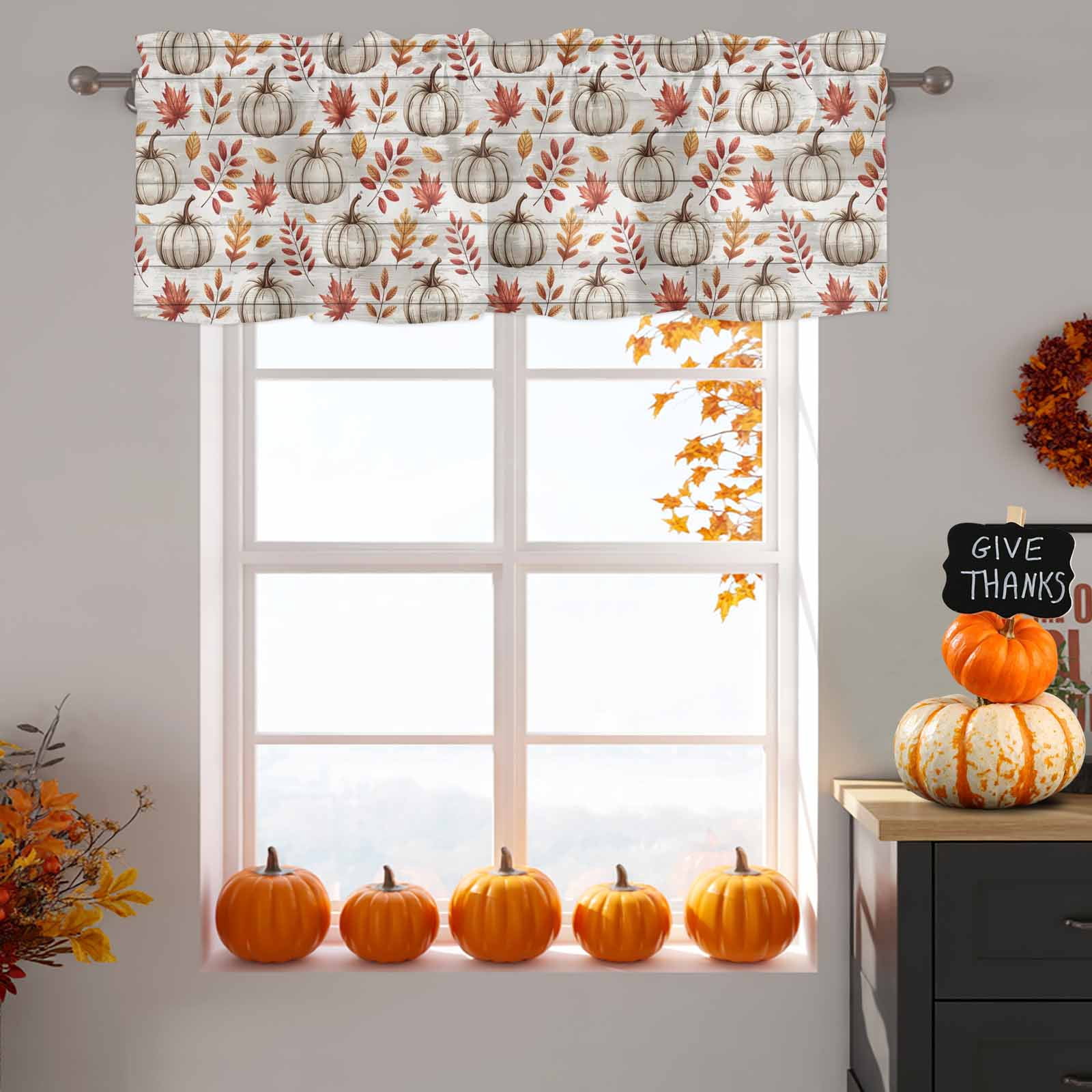 Curtain Valance for Windows, Autumn Thanksgiving Pumpkin Kitchen ...