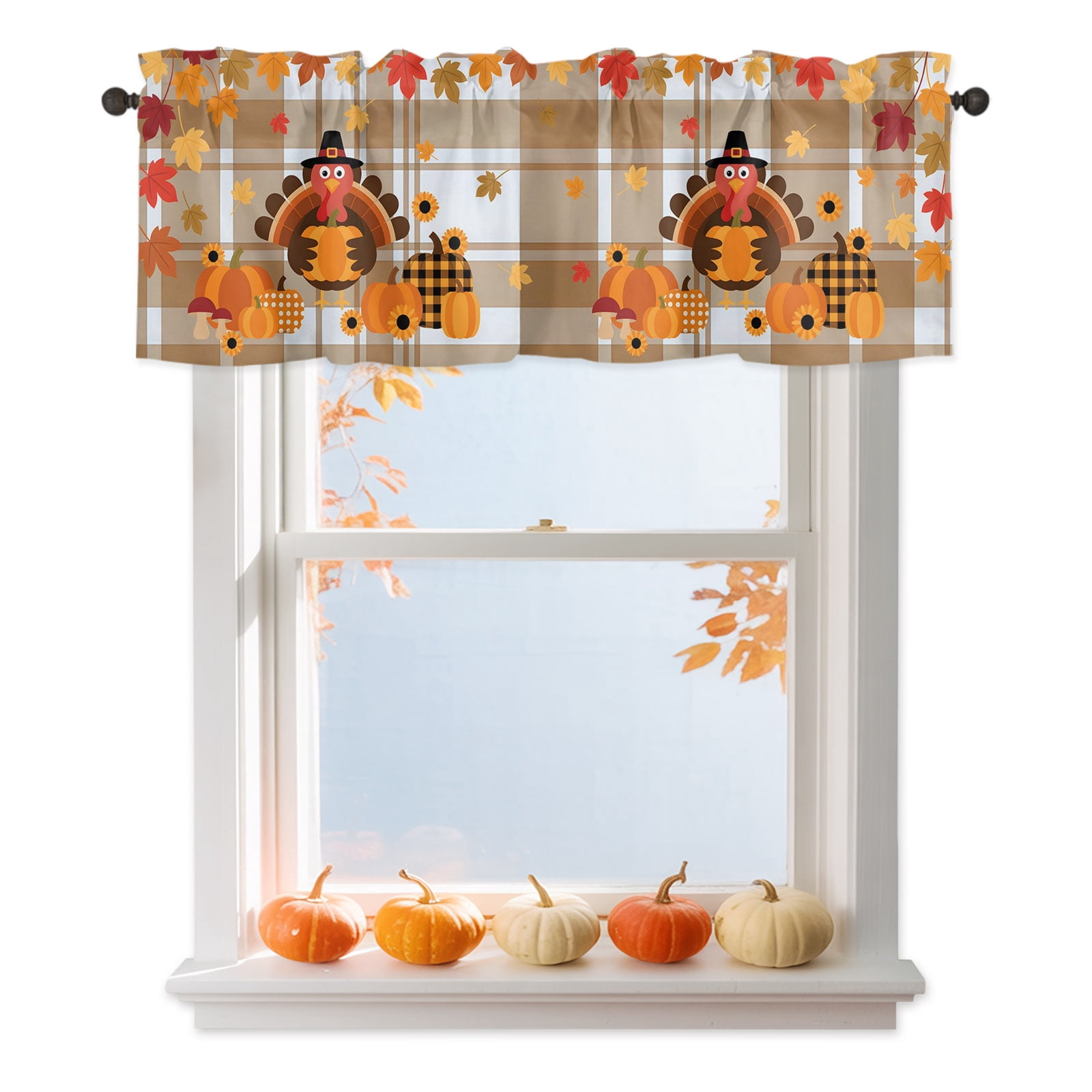 Curtain Valance for Windows, Autumn Turkey Pumpkin Leaf Kitchen ...