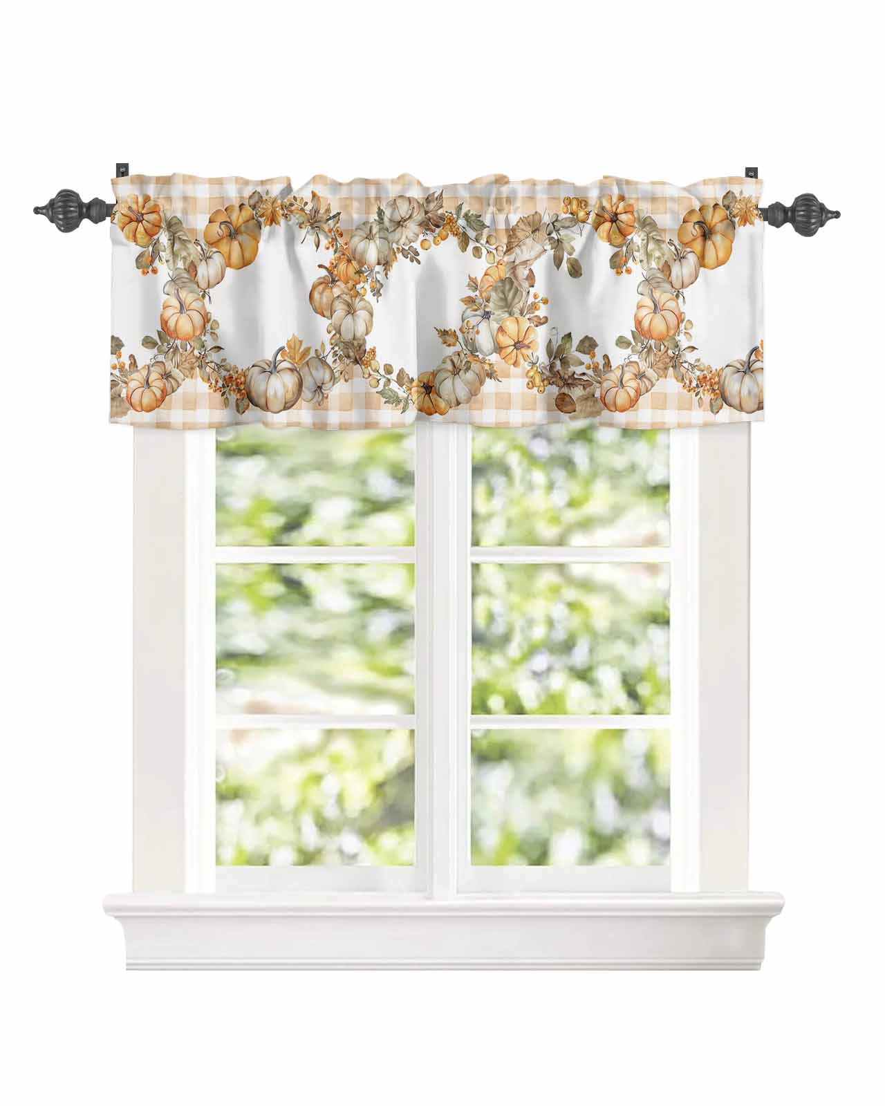 Curtain Valance for Windows Autumn Watercolor Pumpkin Wreath Kitchen ...