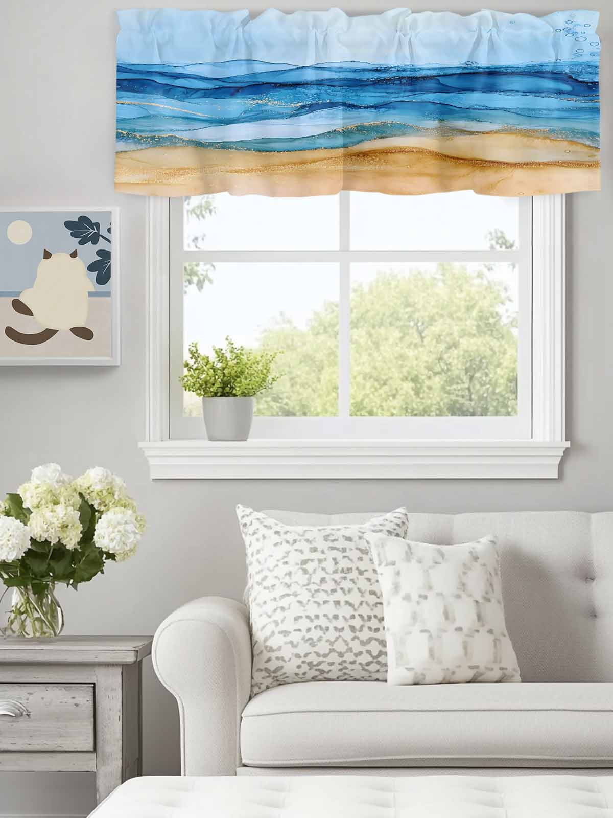 Curtain Valance for Windows,Beach Abstract Waves Blue Gradient Kitchen ...