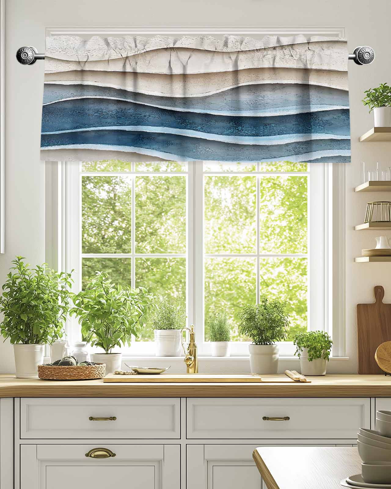 Curtain Valance for Windows,Beach Ocean Blue Gradient Wave Kitchen ...