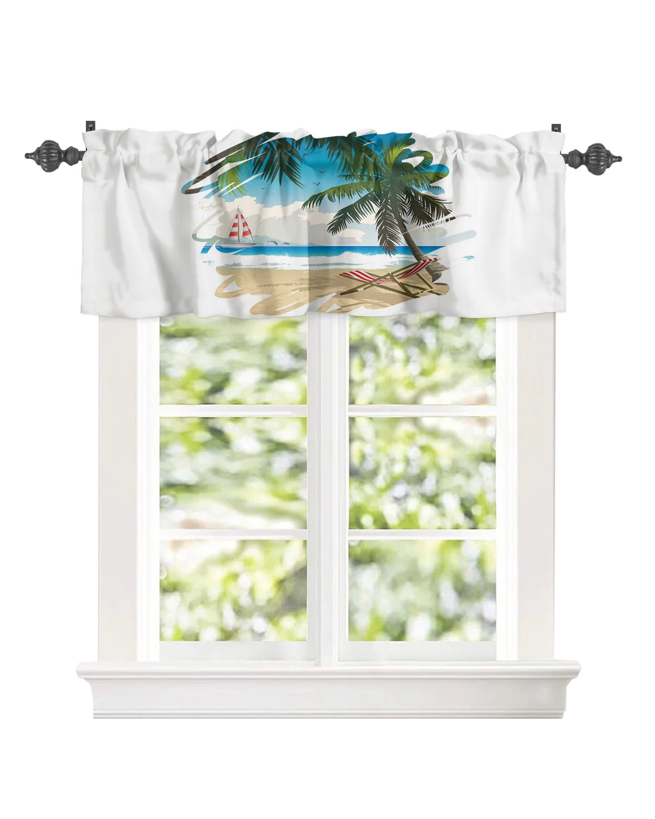 Curtain Valance for Windows Beach Themed Coconut Tree Sailboat Kitchen ...