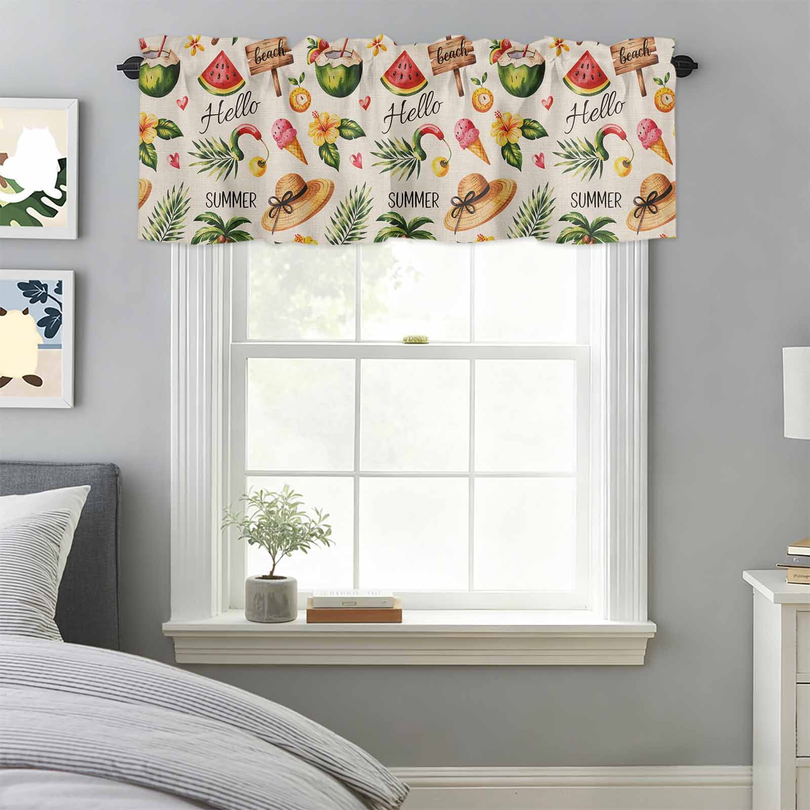 Curtain Valance for Windows, Beach Watercolor Coconut Tree Kitchen ...