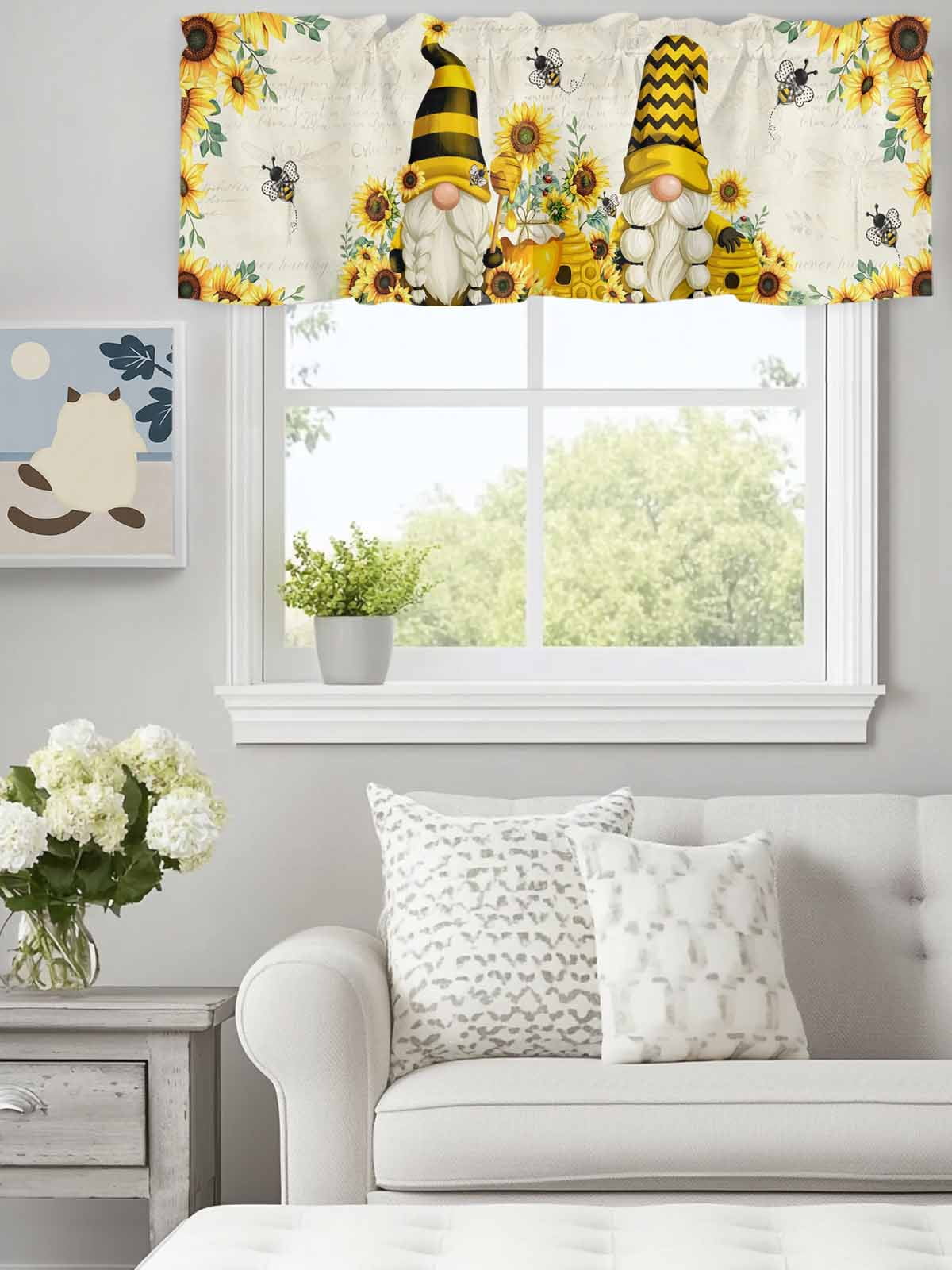 Curtain Valance for Windows,Bee Dwarf Watercolor Sunflower Kitchen Valances Rod Pocket Short ...