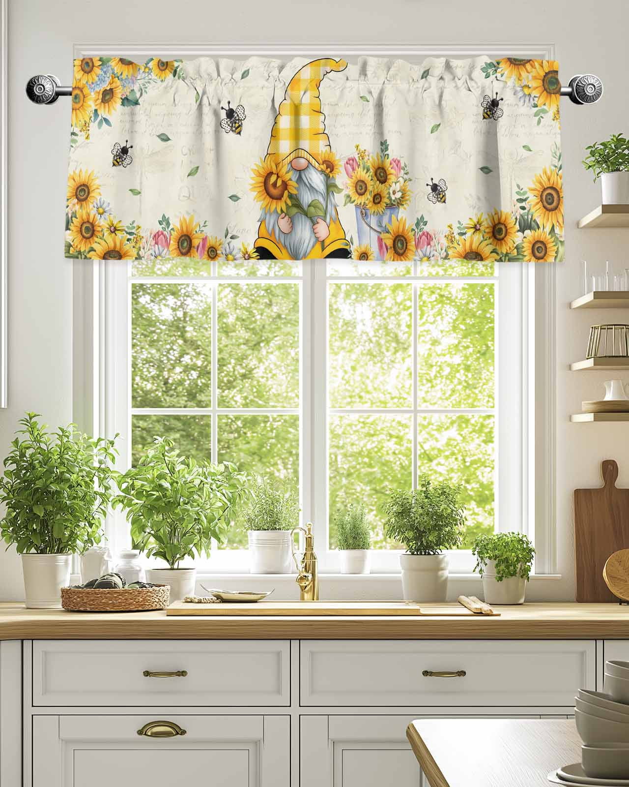 Curtain Valance for Windows,Bee Gnome Summer Sunflower Watercolor Yellow Floral Kitchen Valances ...