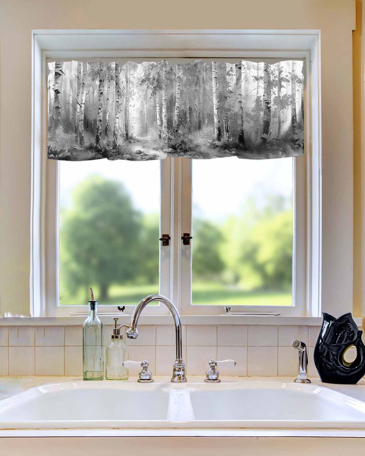 Curtain Valance for Windows Birch Tree Black White Forest Kitchen ...