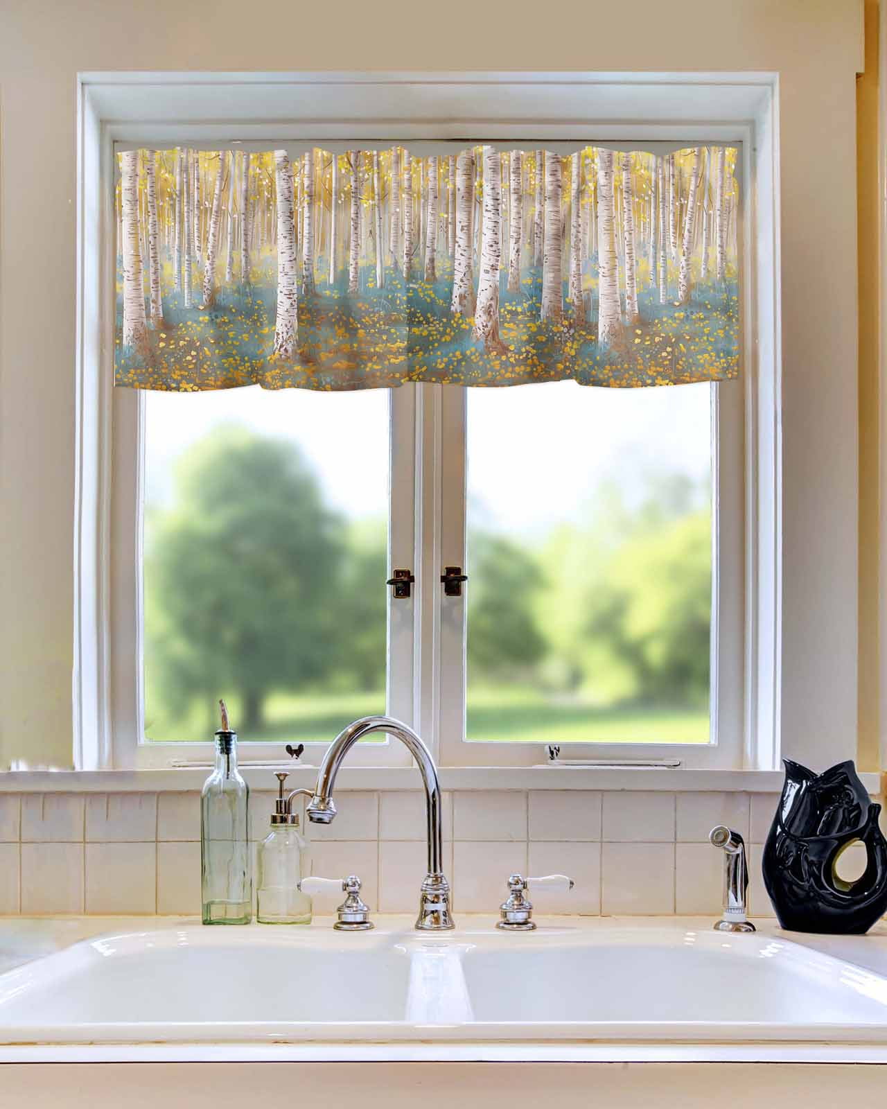 Curtain Valance for Windows Birch Tree Retro Oil Painting Art Kitchen ...