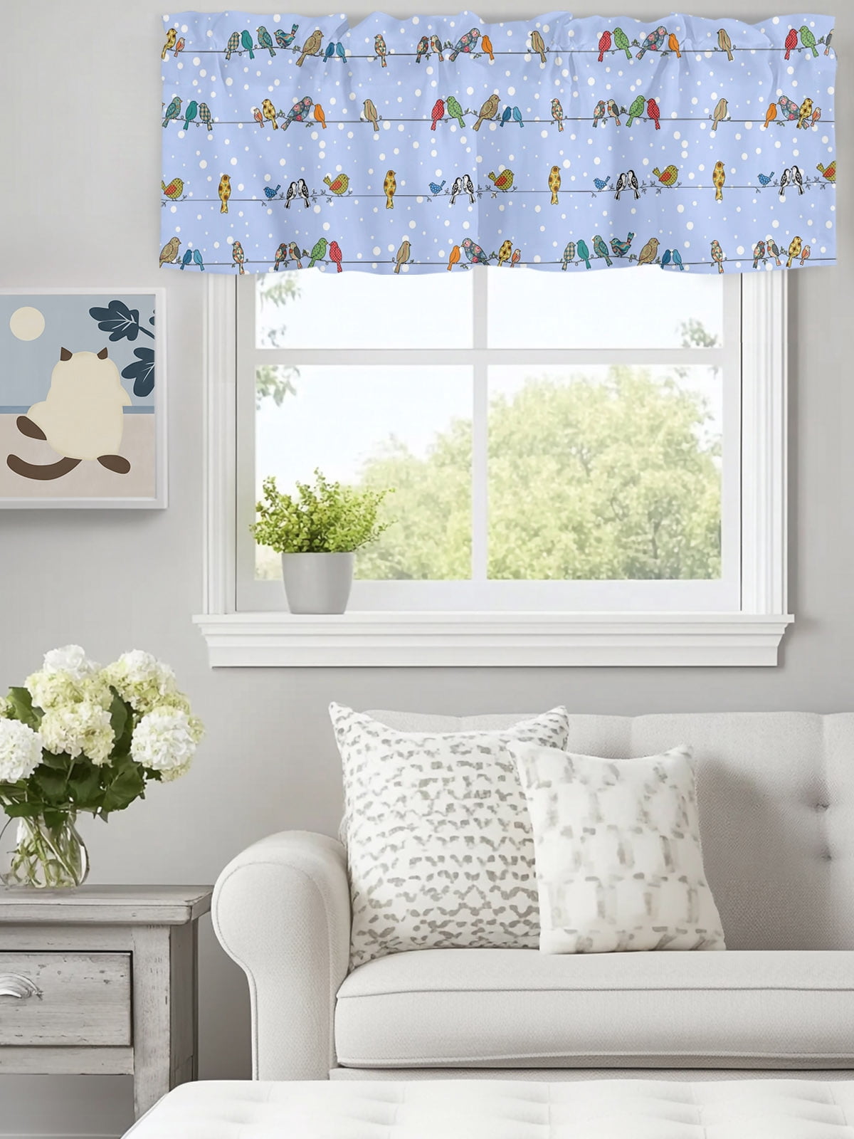 Curtain Valance for Windows, Birds Sparrows on Cables Kitchen Valances ...