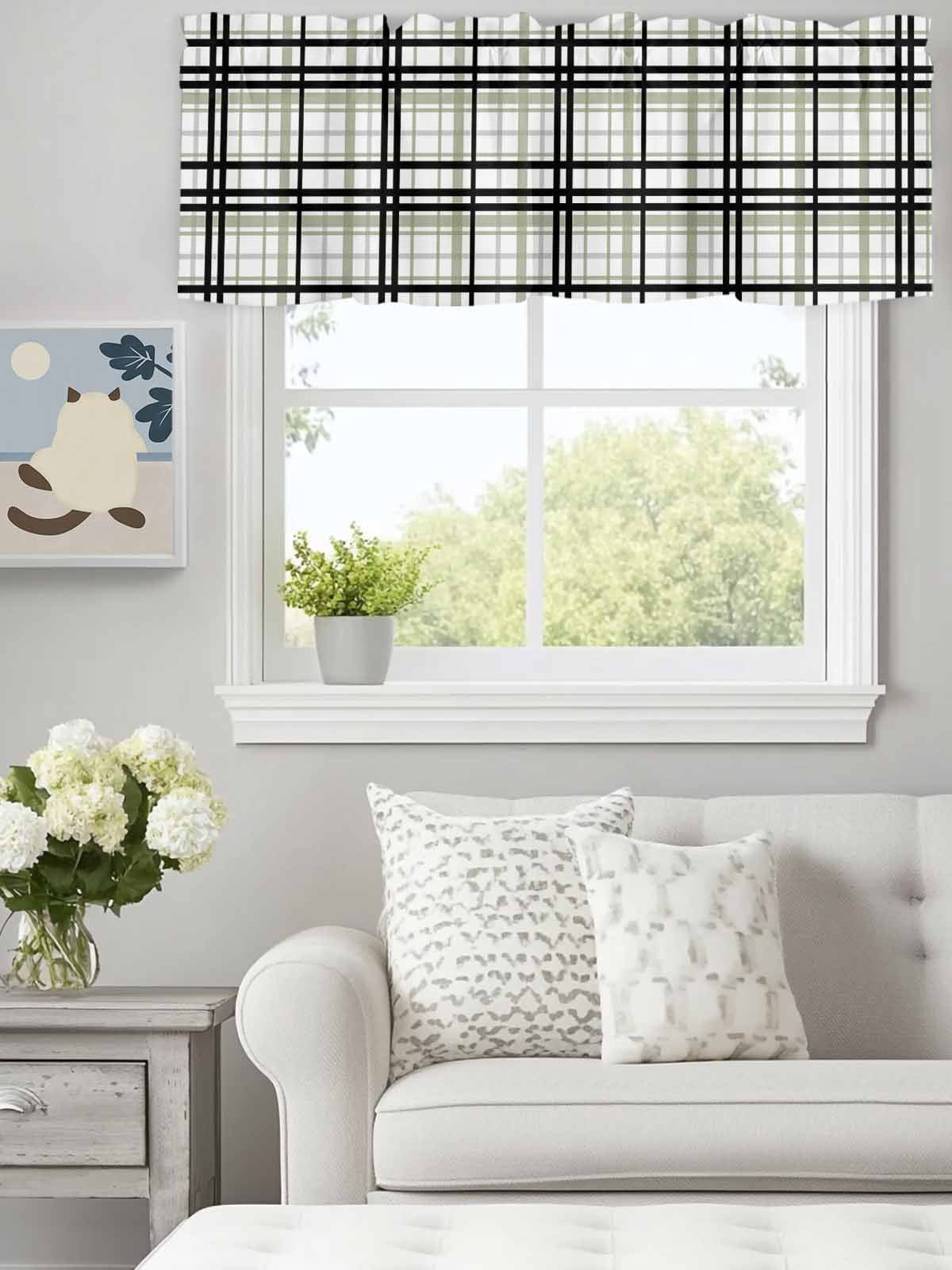 Curtain Valance for Windows, Black Sage Green Checkered Kitchen ...