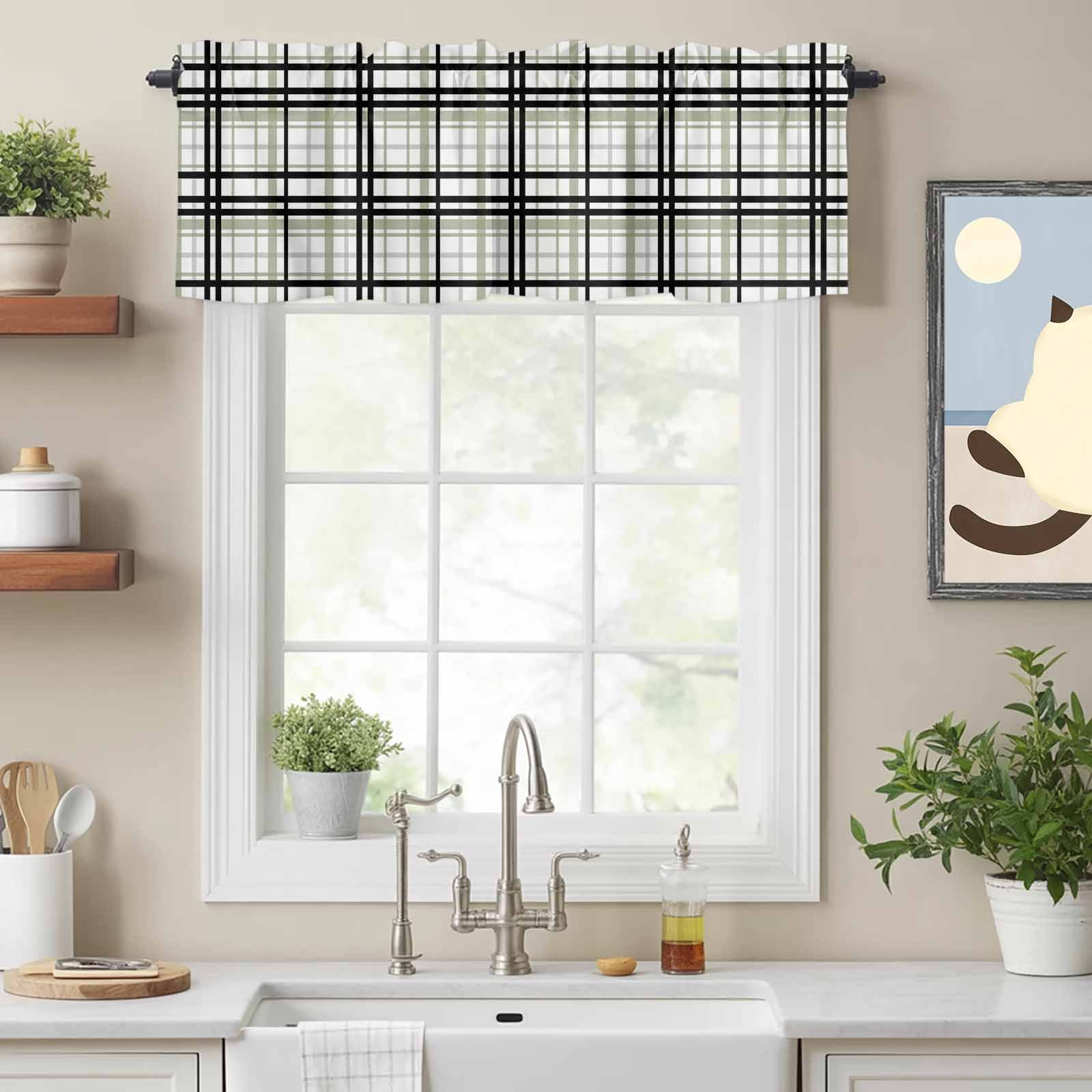 Curtain Valance for Windows, Black Sage Green Checkered Kitchen ...