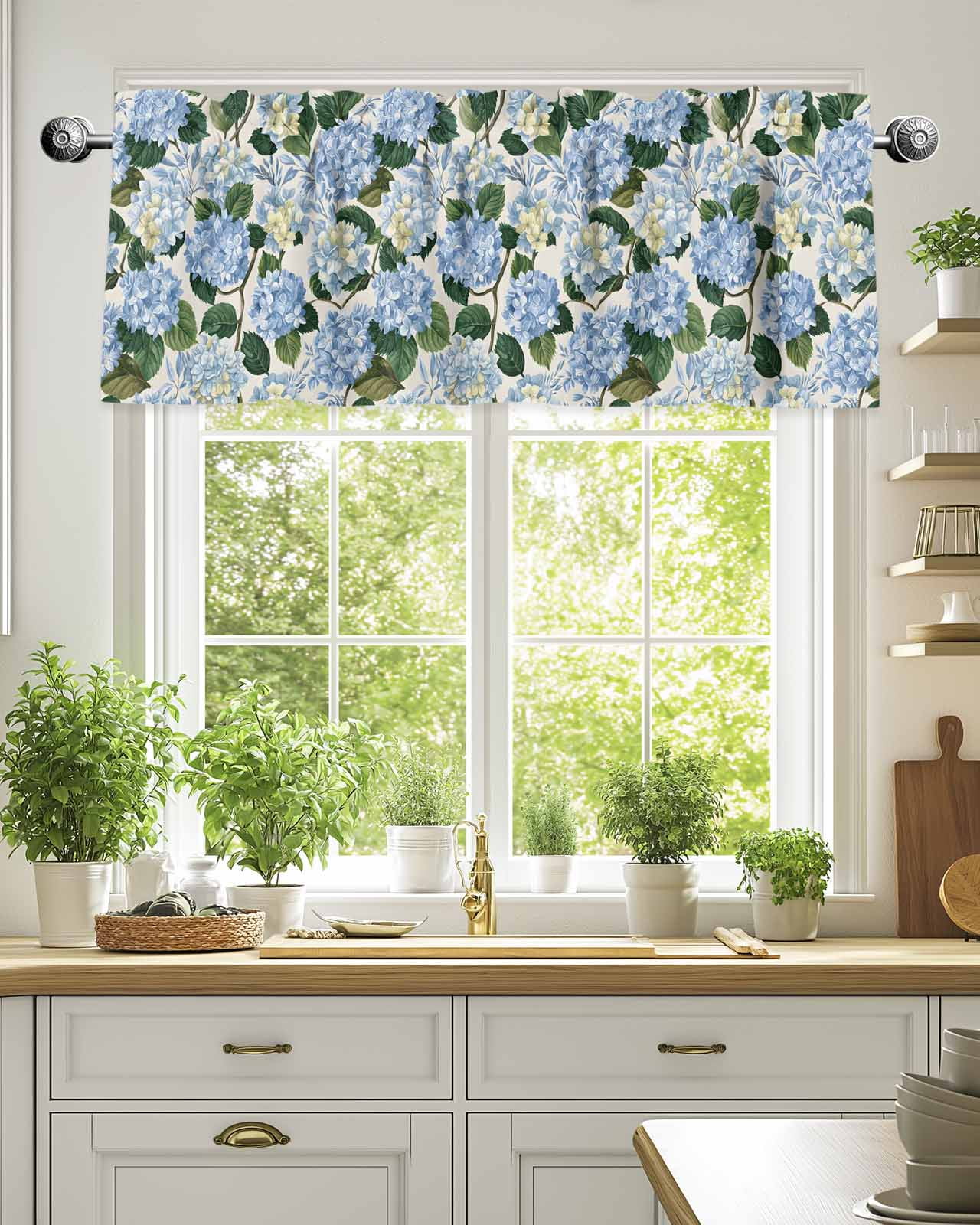 Curtain Valance for Windows,Blue Flower Hydrangea Green Leaf Kitchen ...