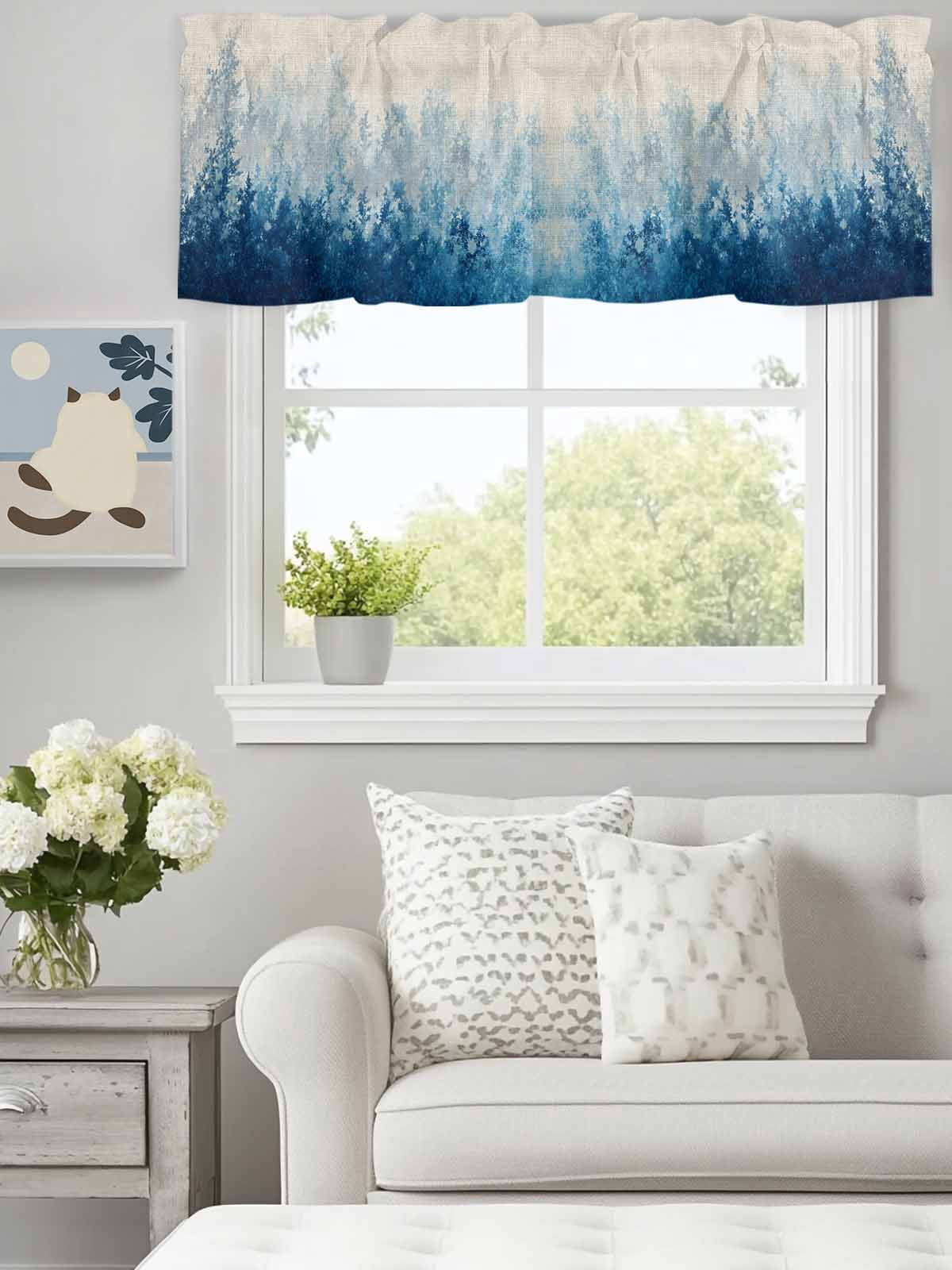 Curtain Valance for Windows, Blue Gradient Forest on Linen Kitchen ...