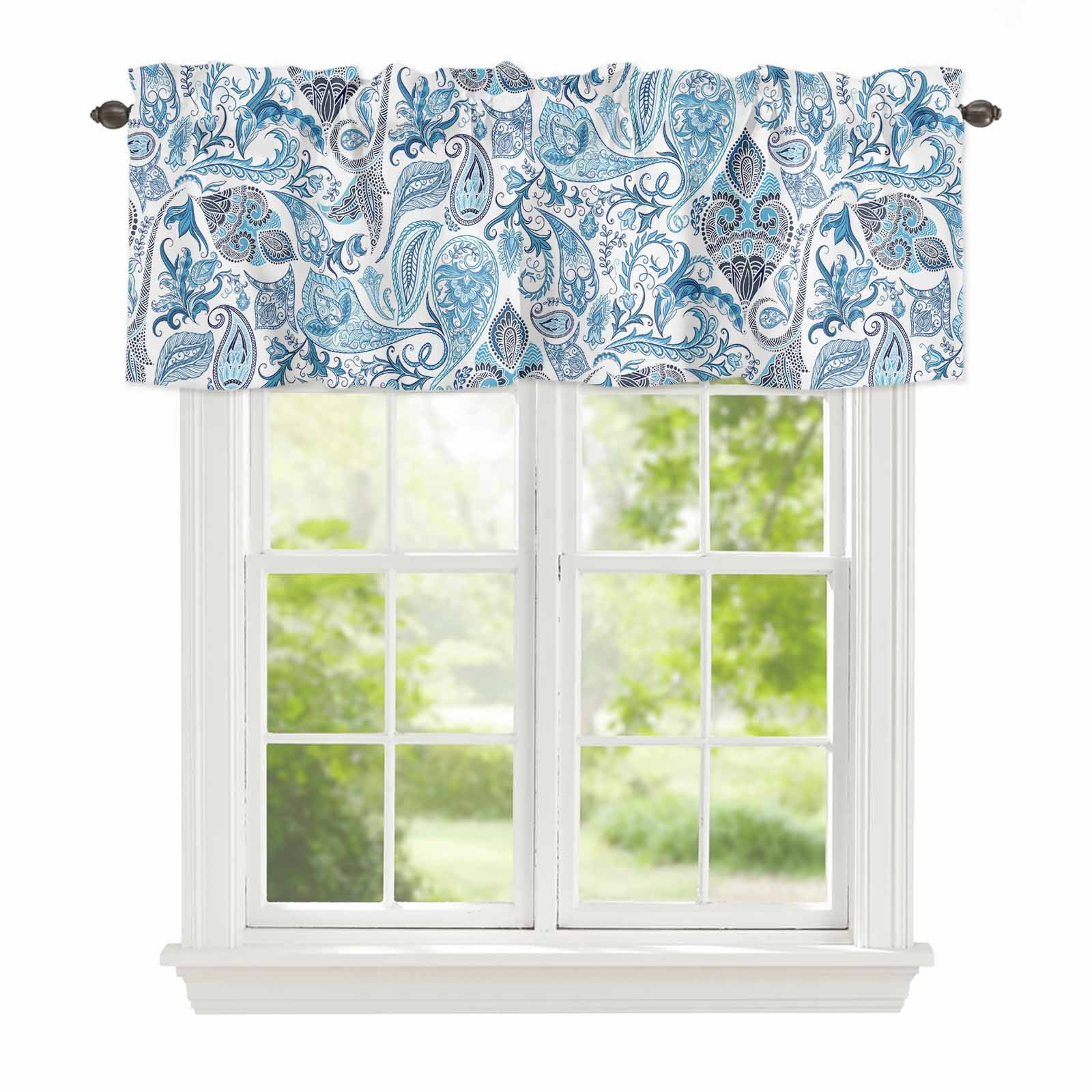 Curtain Valance for Windows, Blue Gradient Paisley Flower Kitchen ...