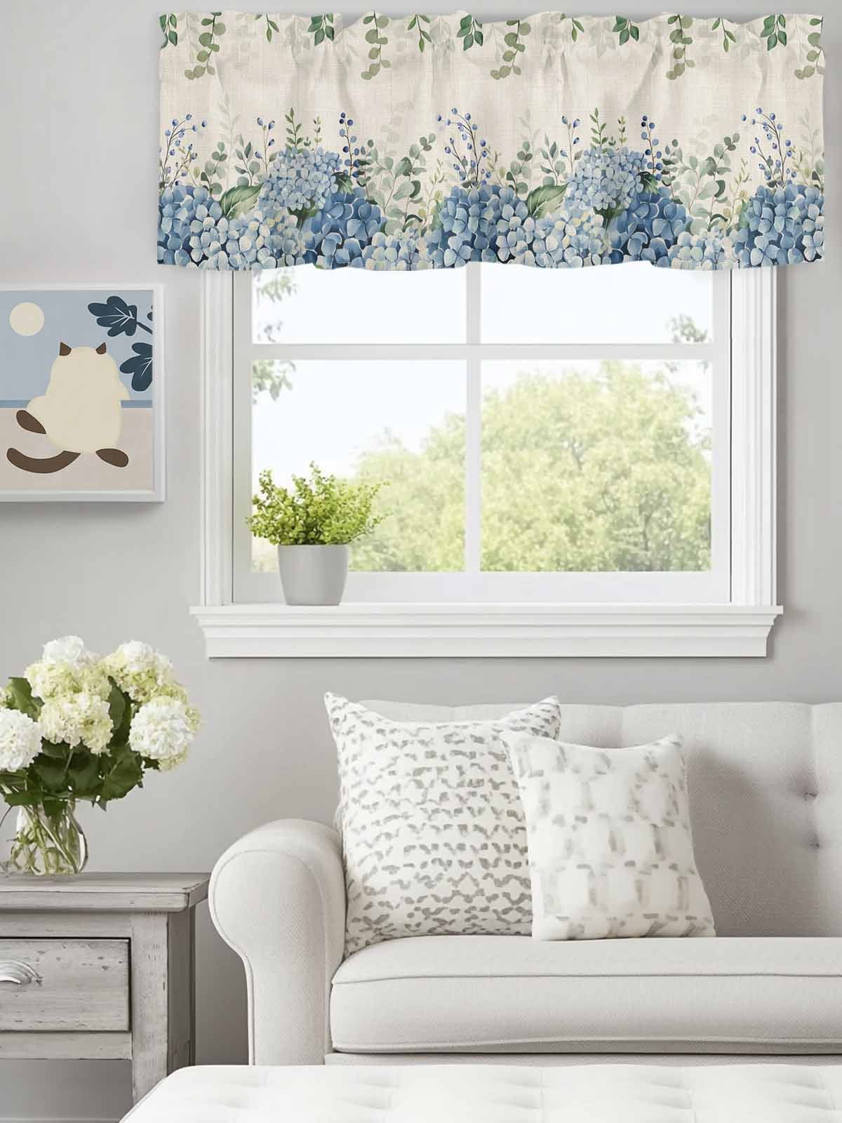 Curtain Valance for Windows,Blue Hydrangea Flower Green Eucalyptus ...