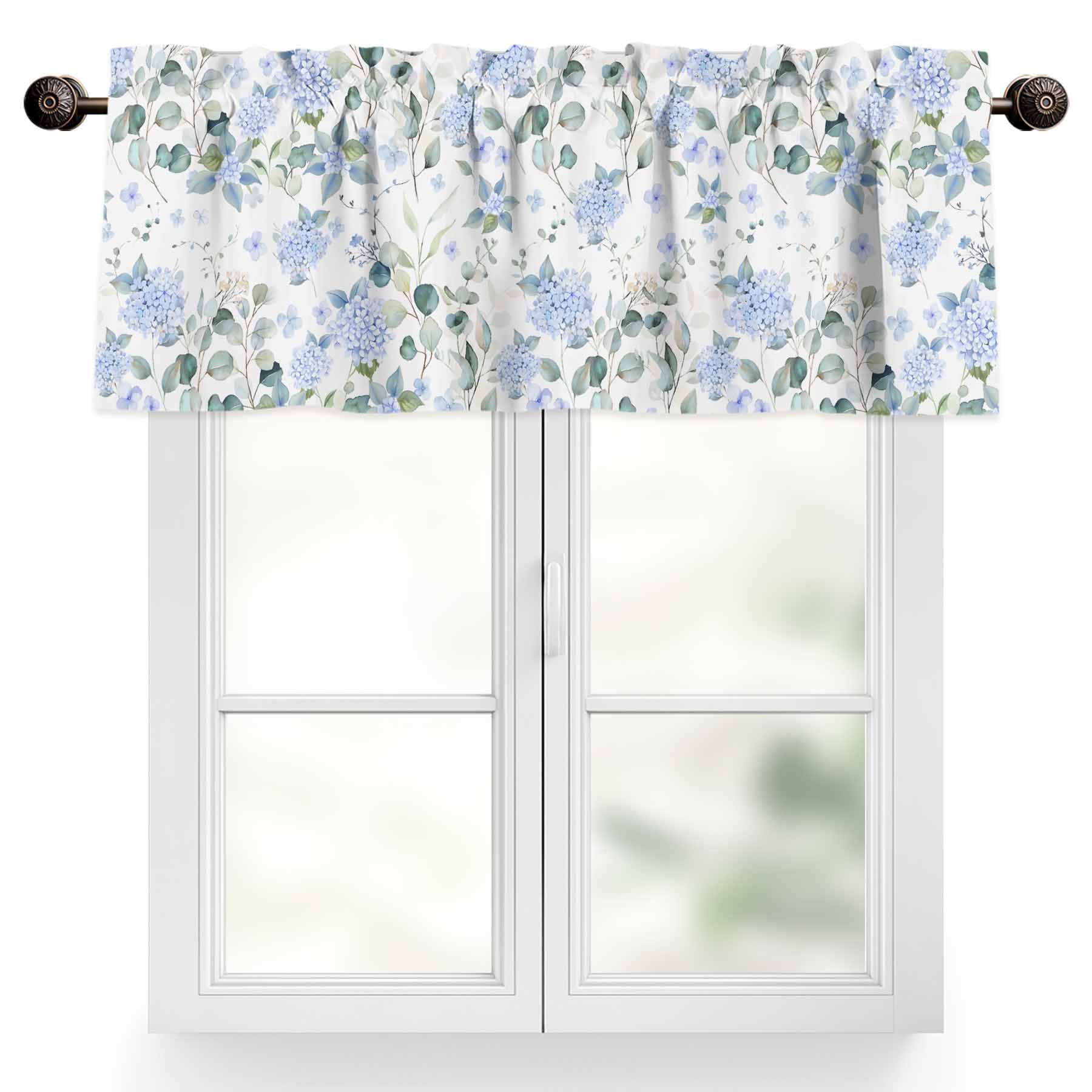 Curtain Valance for Windows Blue Hydrangea Green Leaves Rod Pocket Valance Window Treatments 1 ...