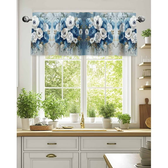 Curtain Valance for Windows,Blue Hydrangeas Floral Art Kitchen Valances ...