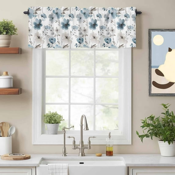 Curtain Valance for Windows, Blue Light Brown Flower Leaves Kitchen ...