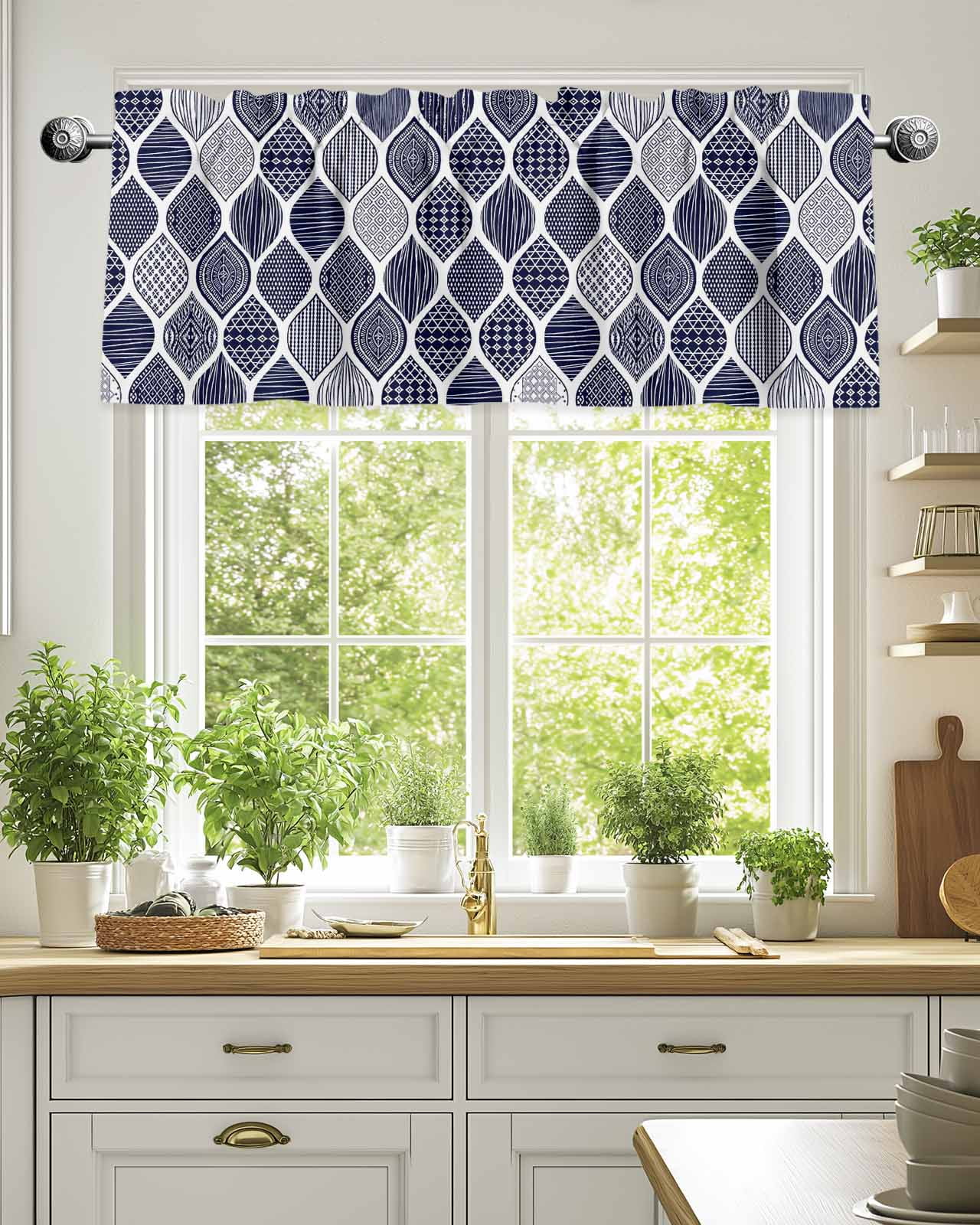 Curtain Valance for Windows,Blue Moroccan Geometric Pattern Kitchen ...