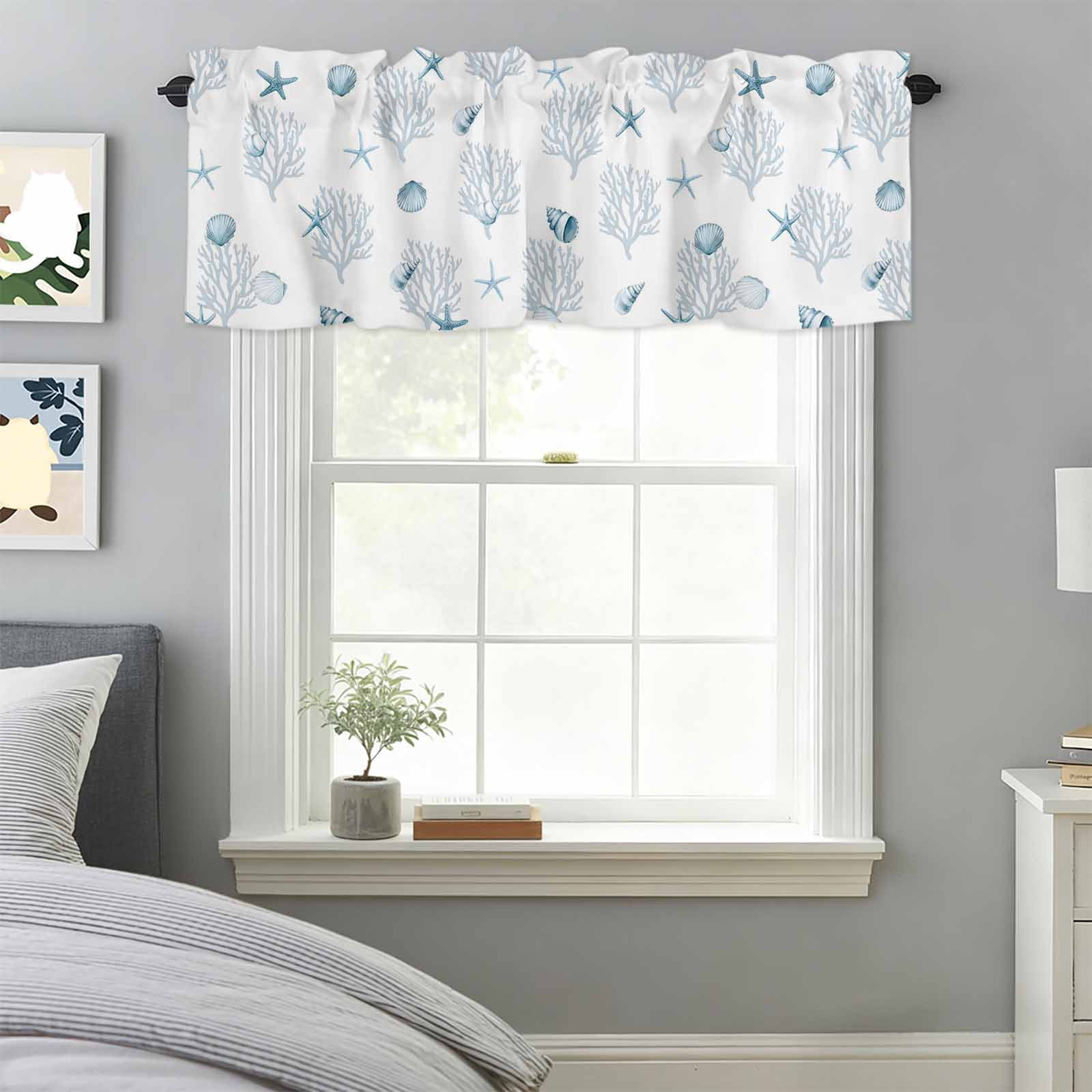 Curtain Valance for Windows, Blue Ocean Coral Shell Starfish Kitchen ...