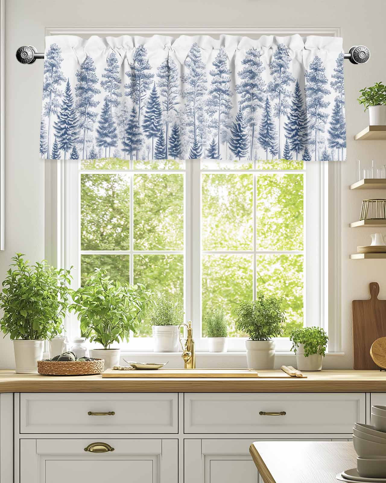Curtain Valance for Windows,Blue Pine Tree Forest on White Kitchen ...