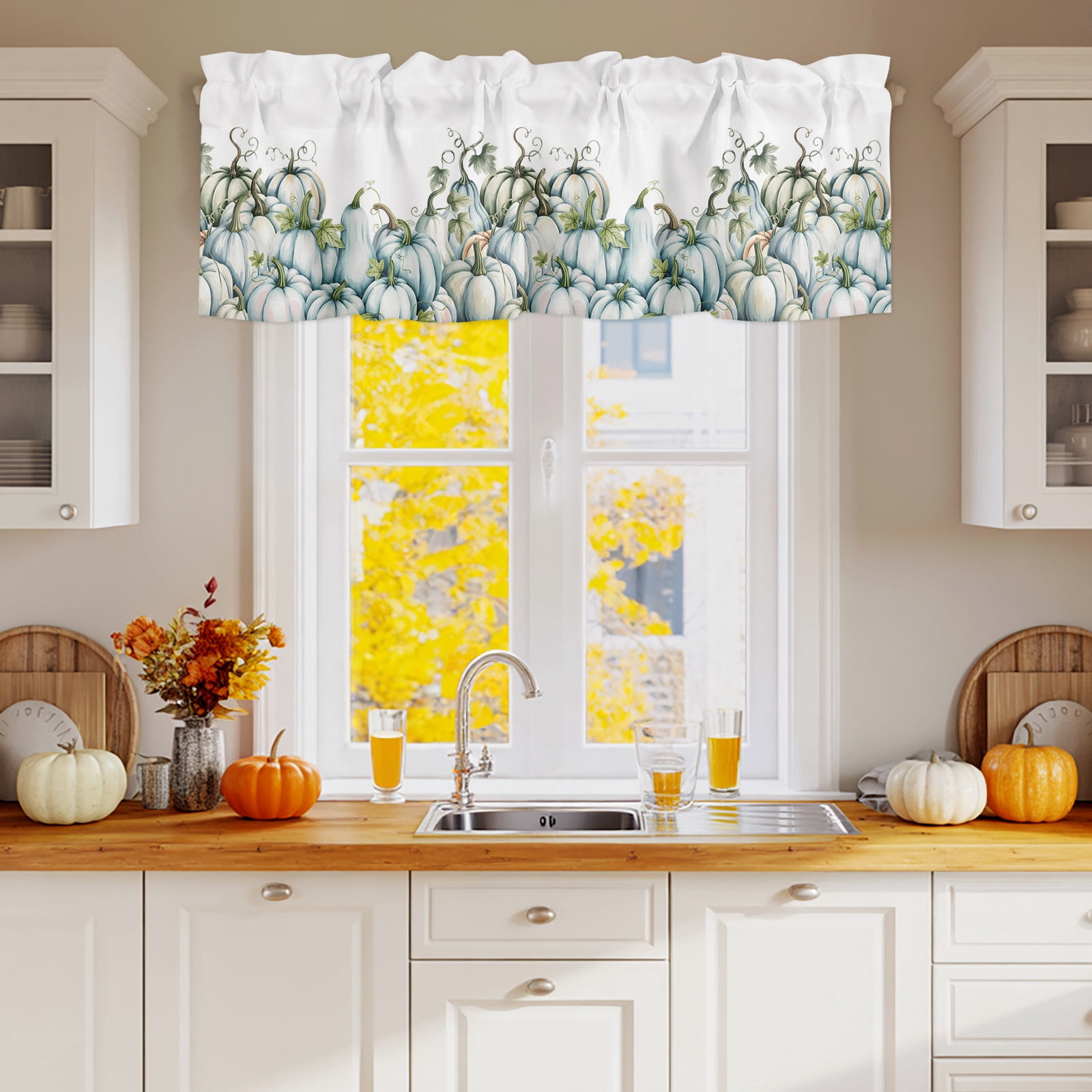Curtain Valance for Windows, Blue Pumpkin Vine Autumn Thanksgiving ...