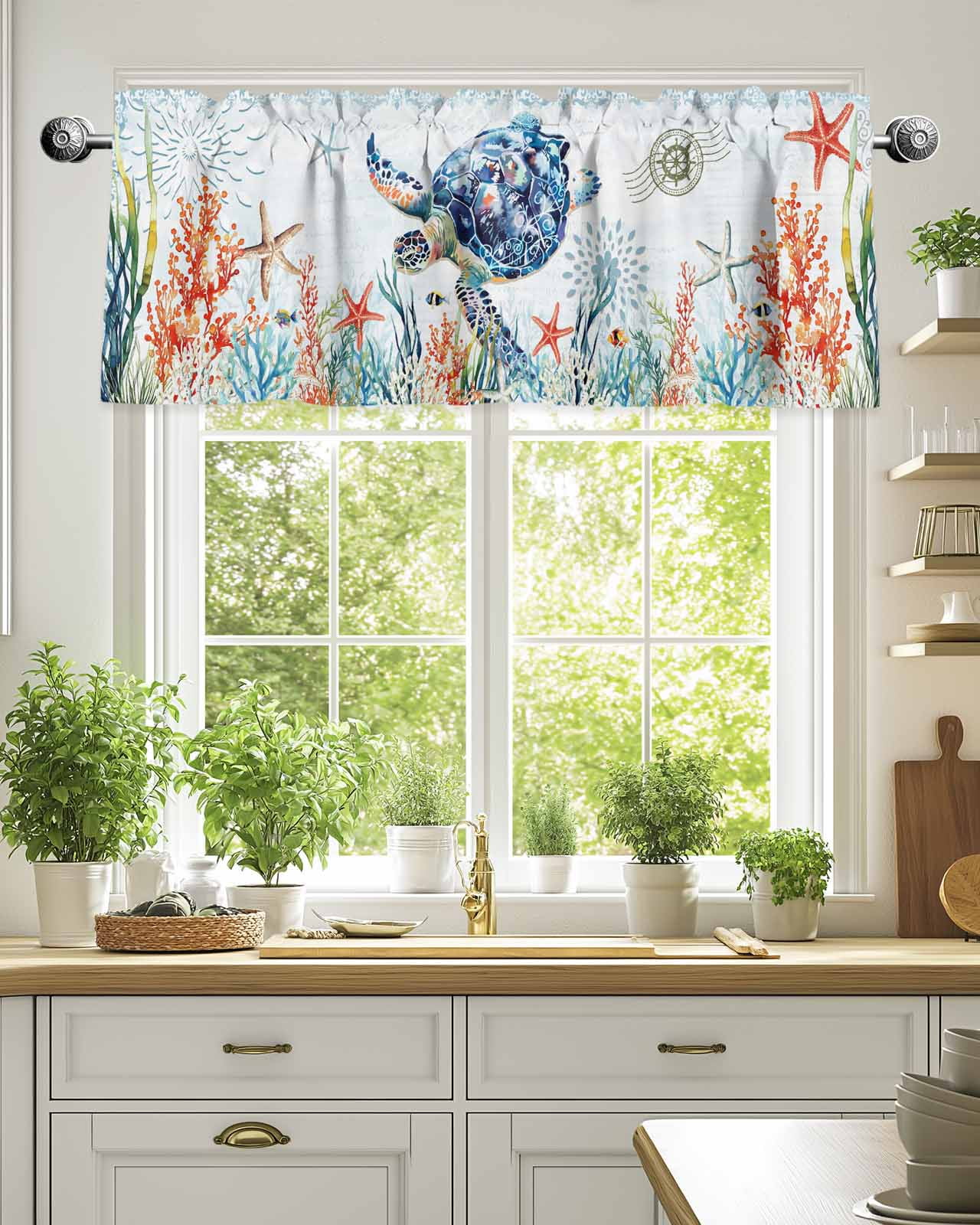 Curtain Valance for Windows,Blue Sea Turtle Summer Ocean Coral Kitchen ...