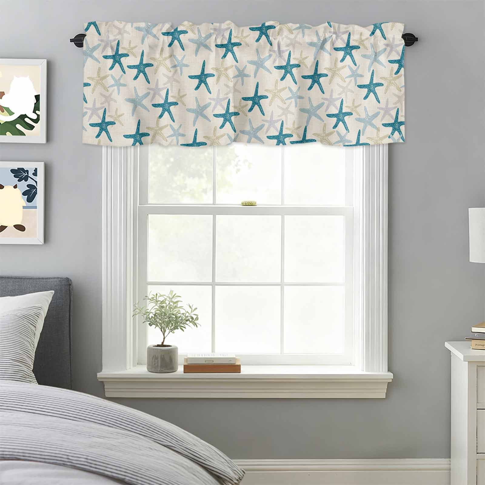 Curtain Valance for Windows, Blue Yellow Beige Sea Star on Linen ...