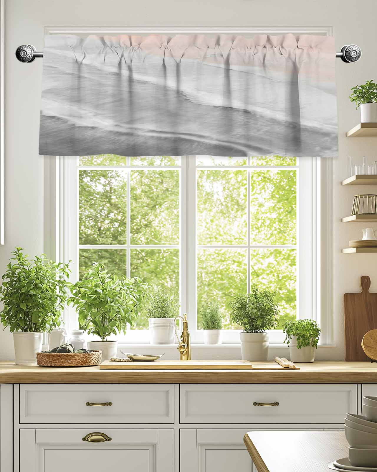 Curtain Valance for Windows,Boho Beach Waves Gray Gradient Kitchen ...