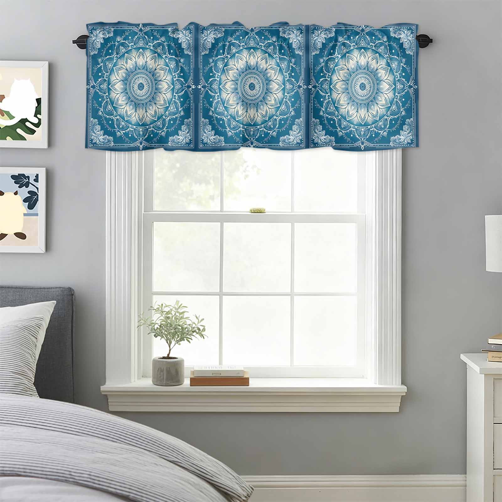 Curtain Valance for Windows, Boho Retro Tribal Blue Floral Kitchen ...